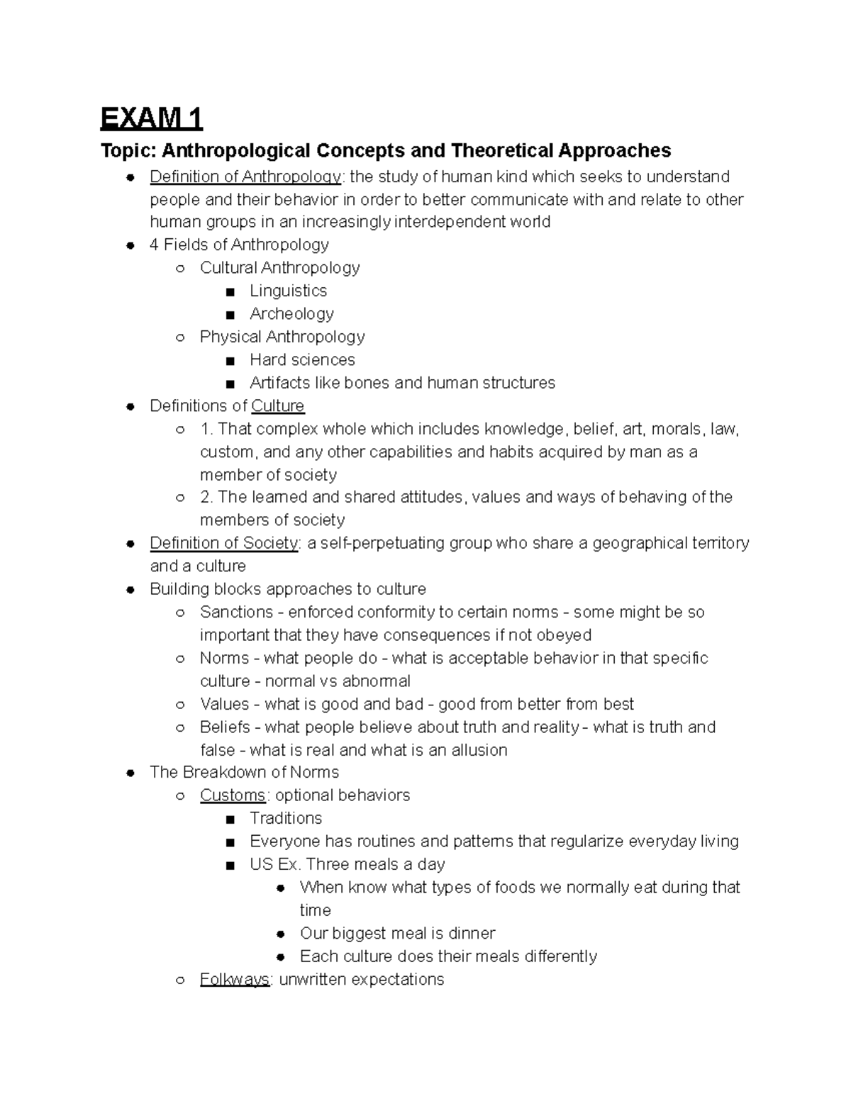 Cultural Ath. Notes - EXAM 1 Topic: Anthropological Concepts and ...