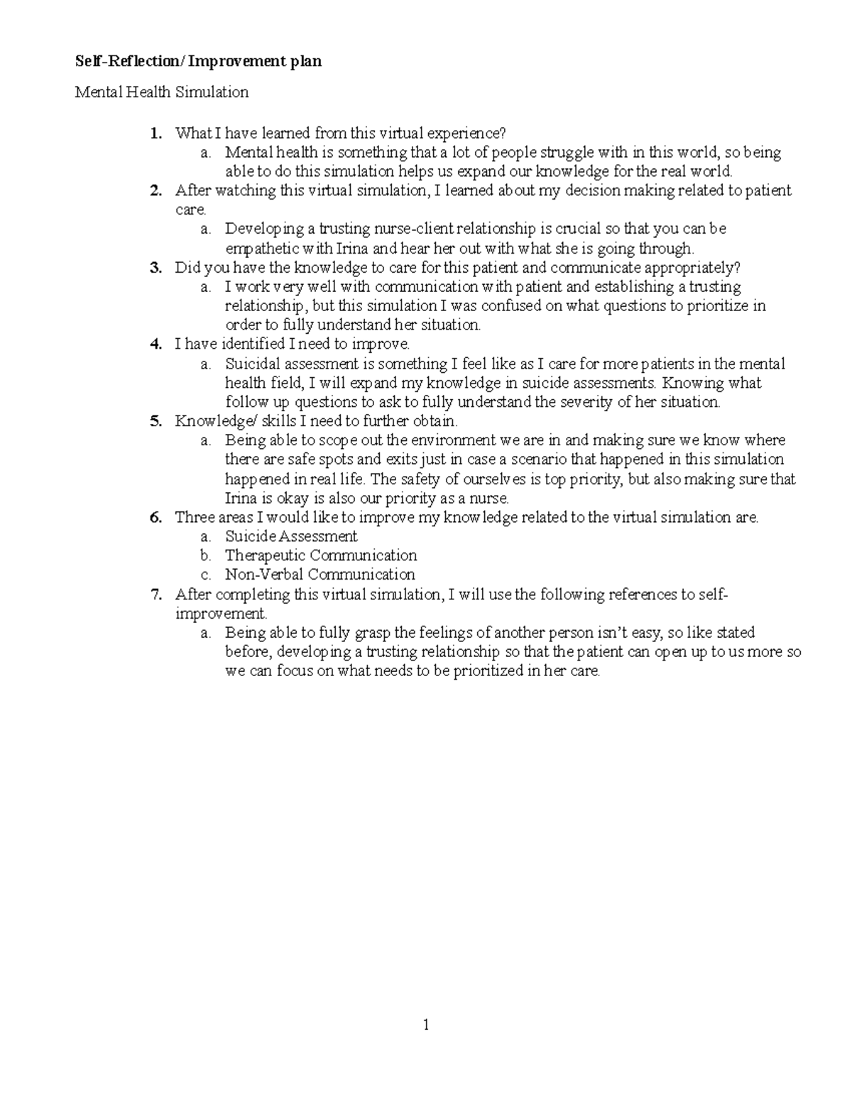 Mental Health Sim - Self-Reflection/ Improvement plan Mental Health ...
