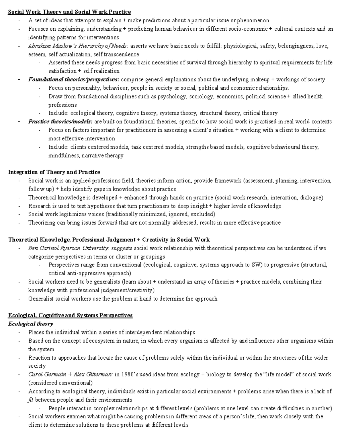 SWRK-1000H Theories and Practice Models - SW 4X03 - McMaster - Studocu