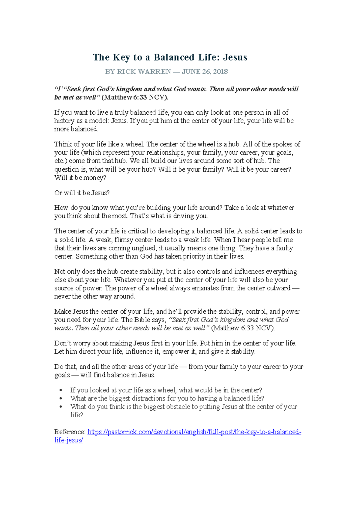 Devotional-for-Chap7 - The Key to a Balanced Life: Jesus BY RICK WARREN ...