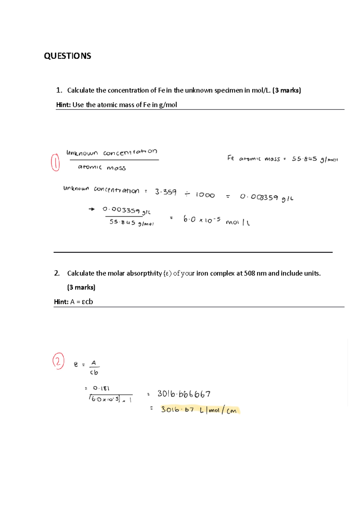 Practical 2 - questions - QUESTIONS 1. Calculate the concentration of Fe in the unknown specimen ...