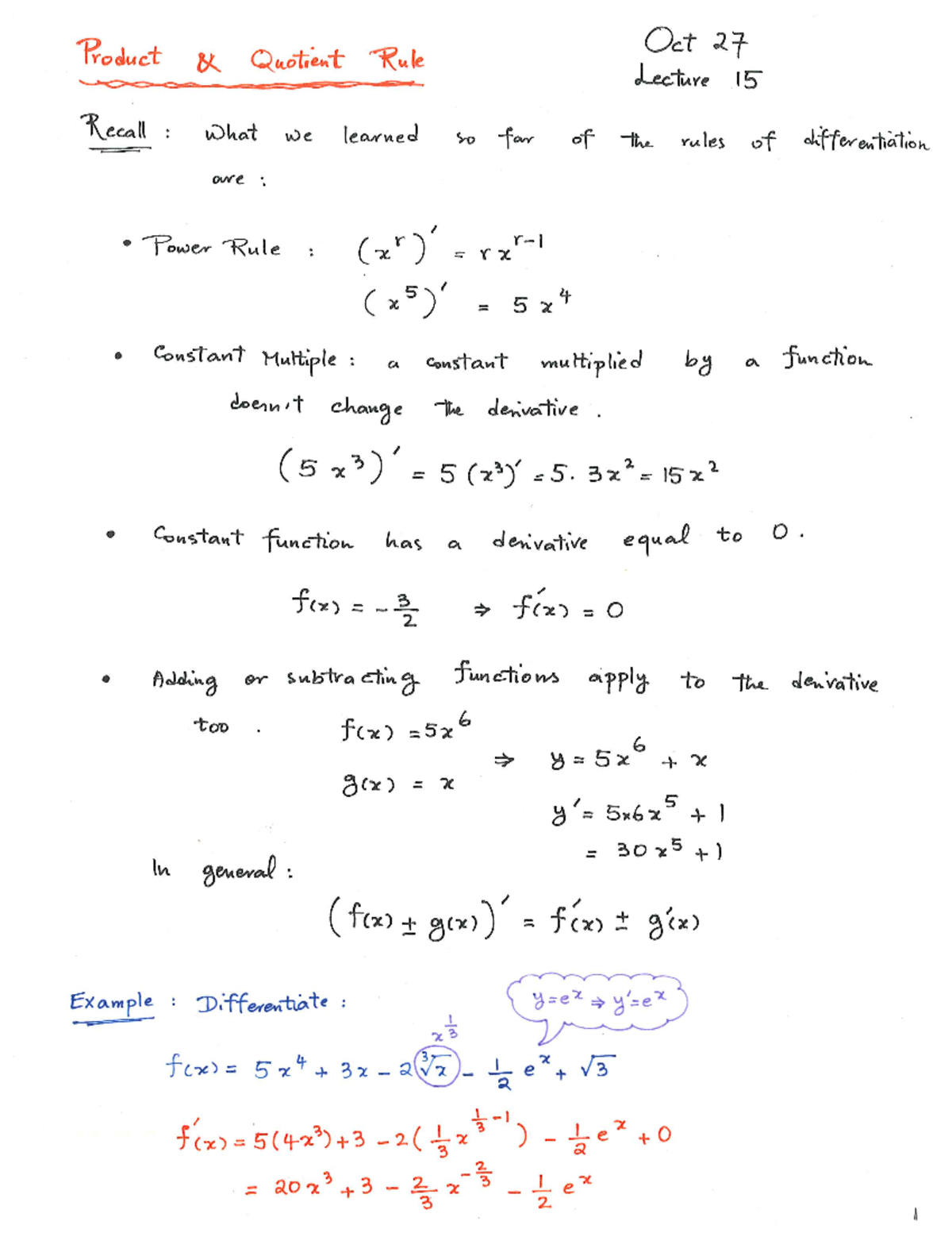 Lec15-Oct27 - Product & Quotient rules - MATH 110 - Studocu