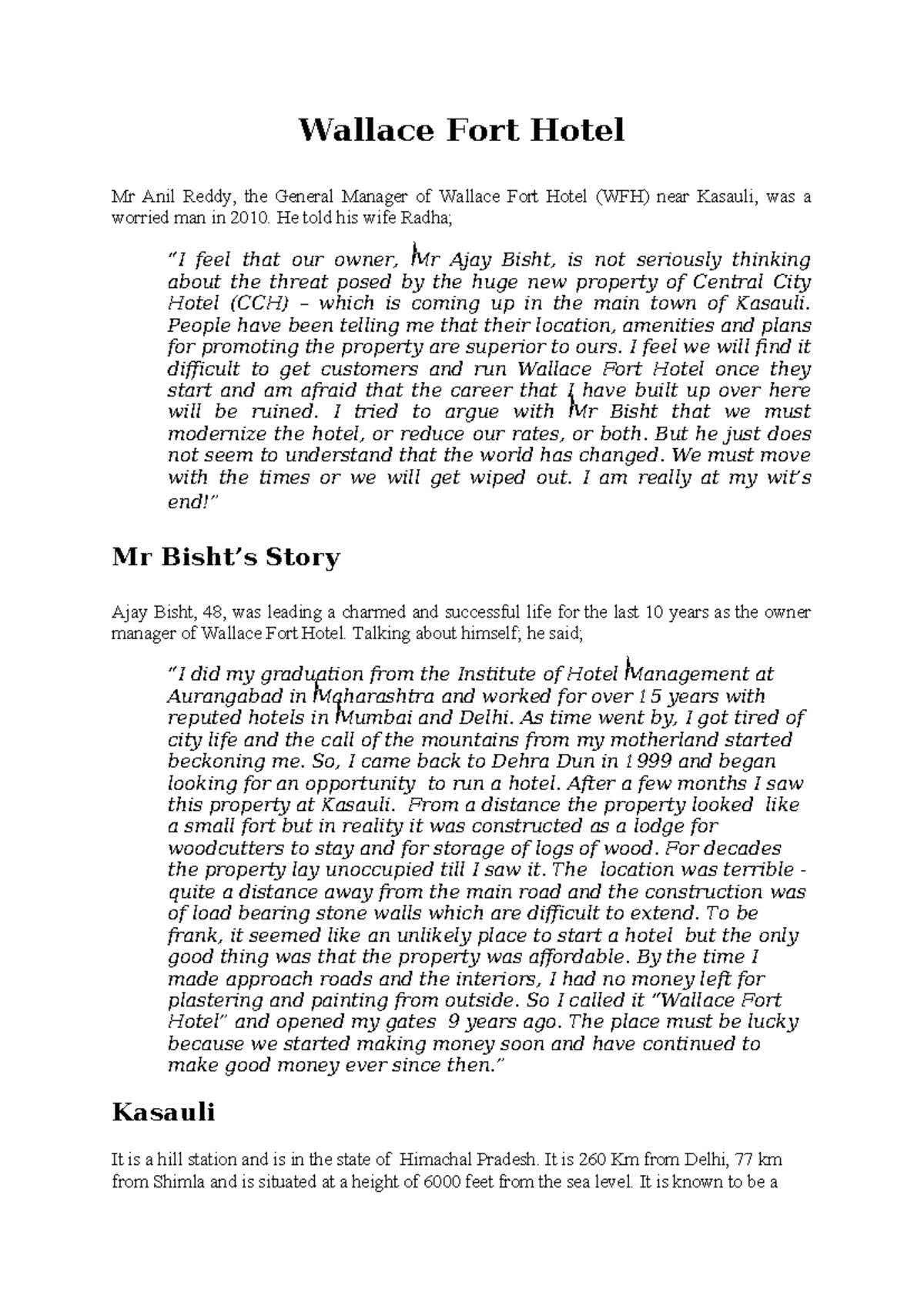 Wallace Fort Hotel - Case to solve - Wallace Fort Hotel Mr Anil Reddy ...