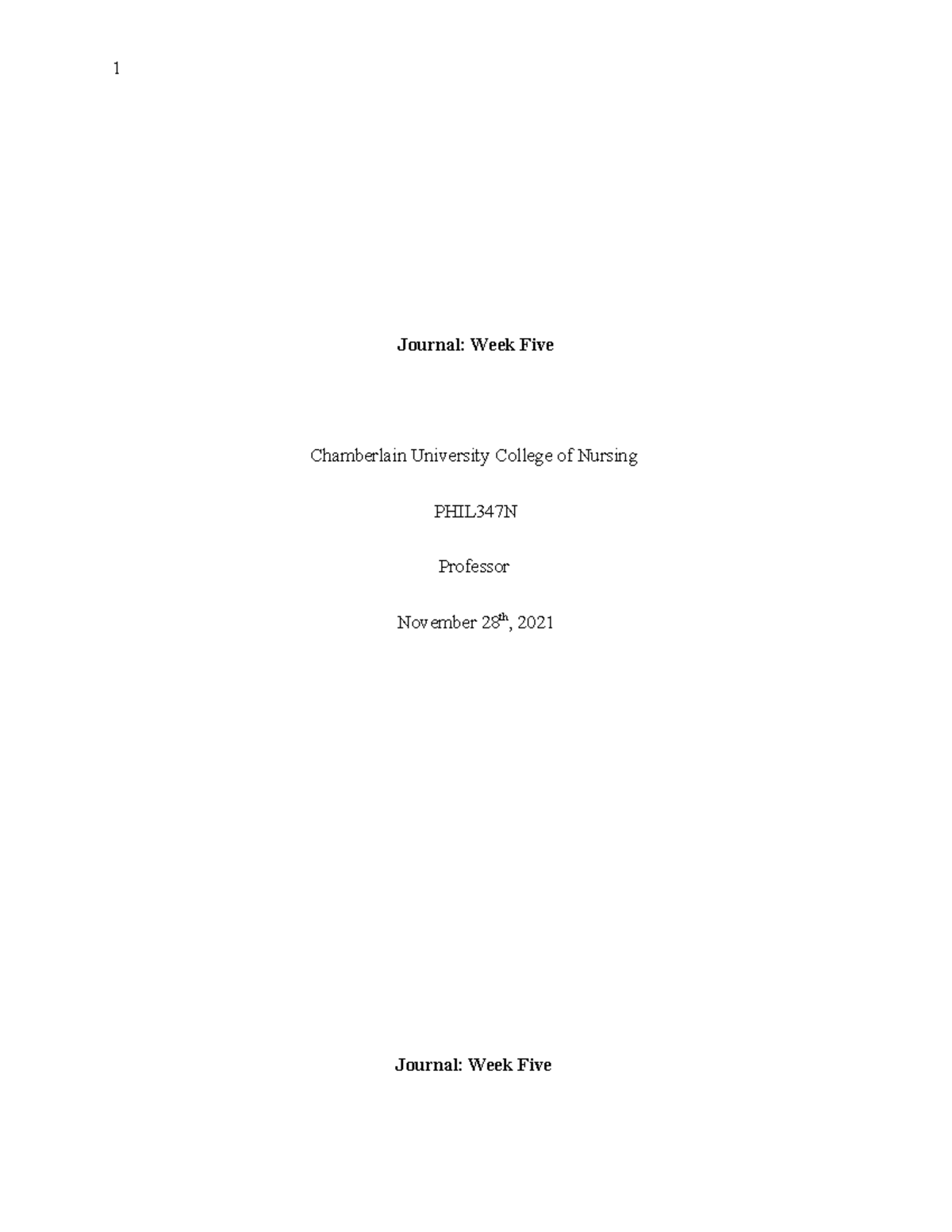 Assignment 5 - 1 Journal: Week Five Chamberlain University College of ...