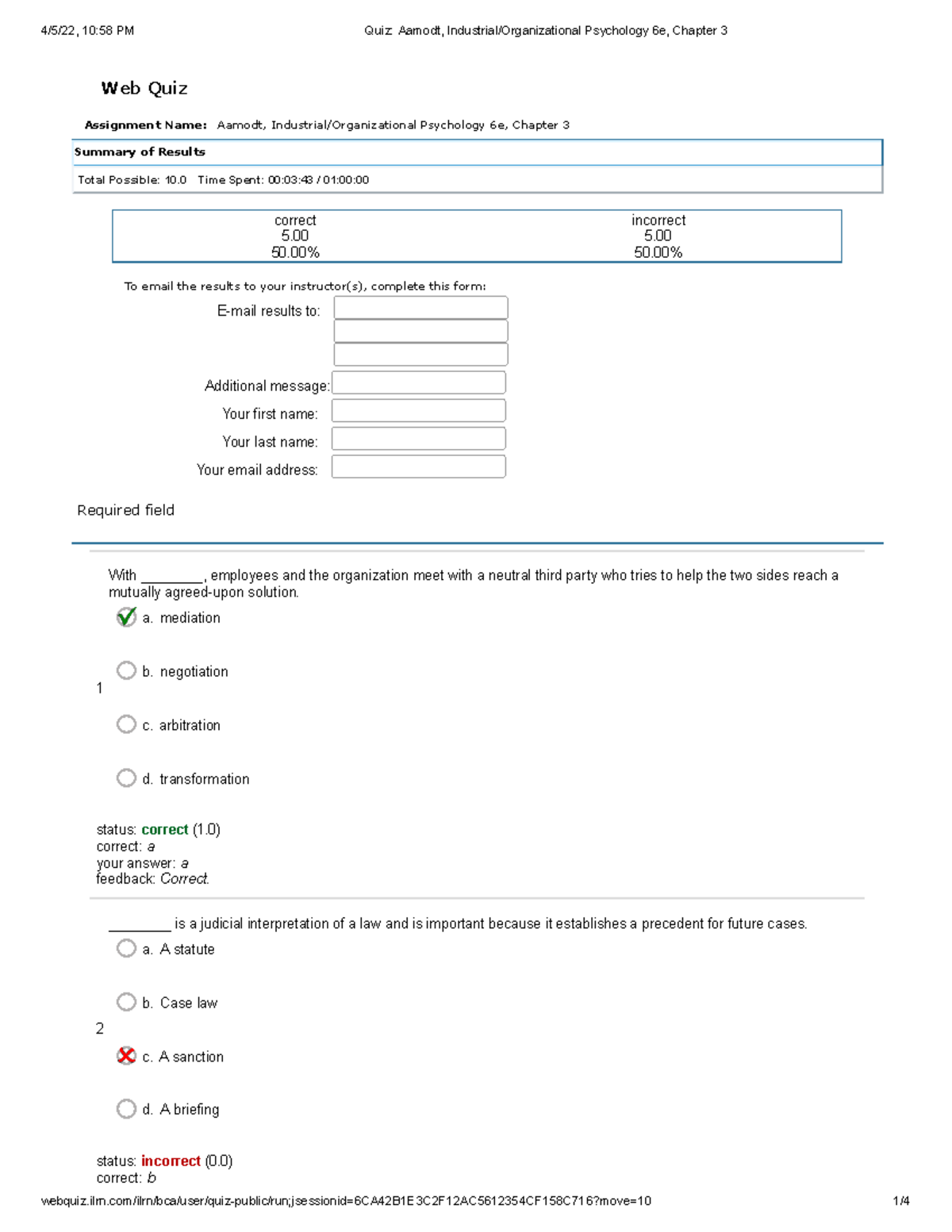 Quiz Aamodt, Industrial Organizational Psychology 6e, Chapter 3 ...