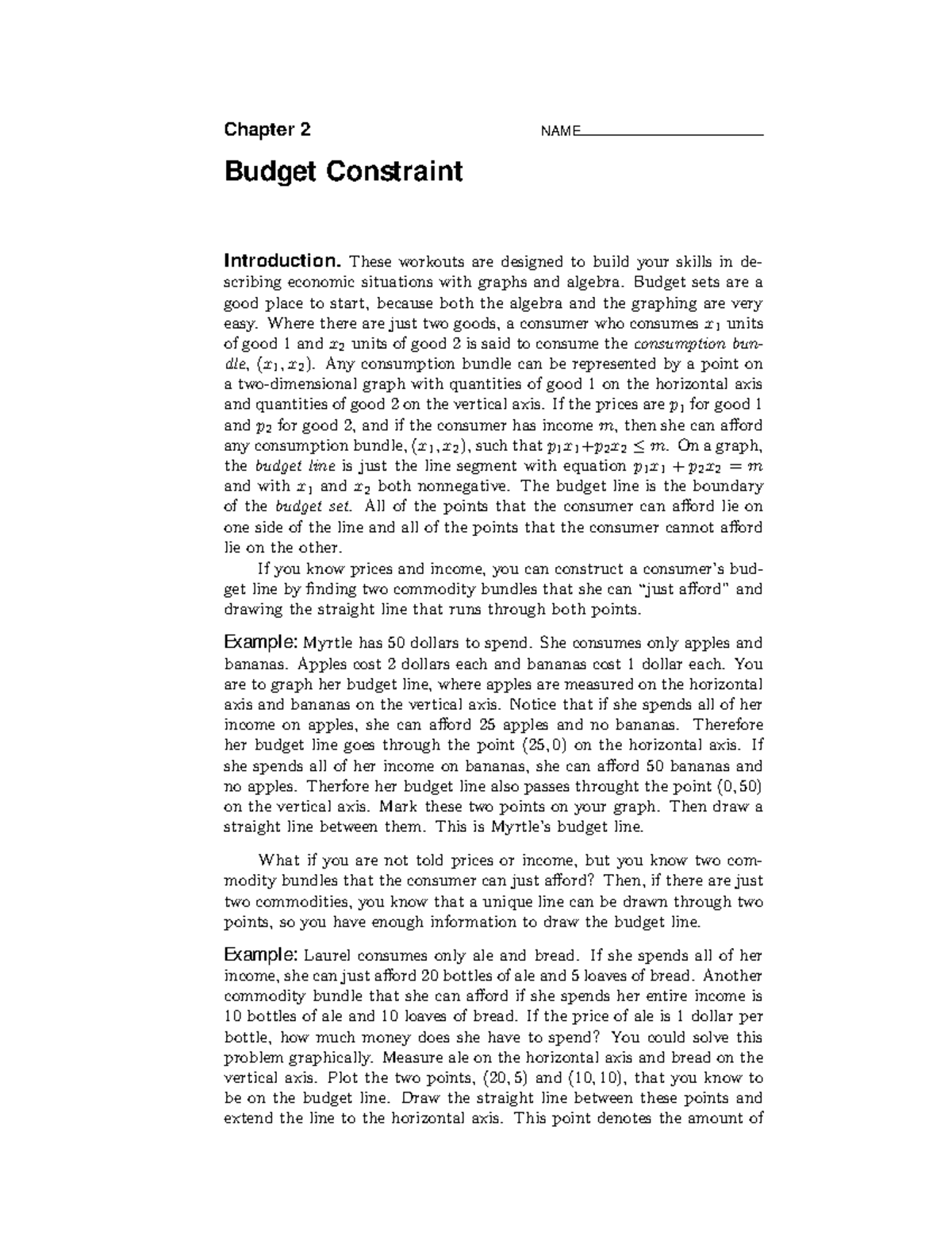 Workout 1 (solved) - Budget Constraint - Chapter 2 NAME Budget ...