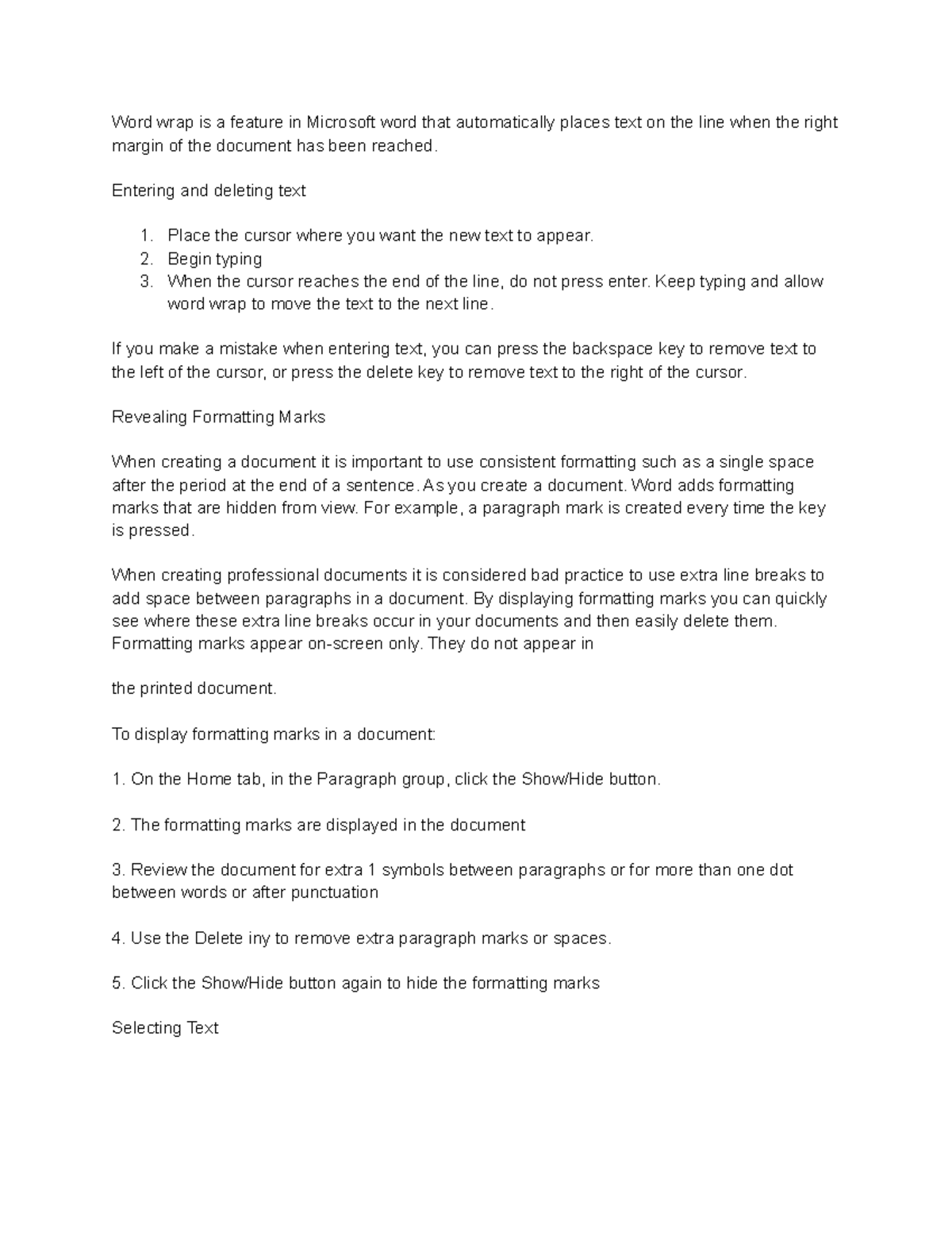 Lessons 1 on Simsnet part 1. - Word wrap is a feature in Microsoft word ...