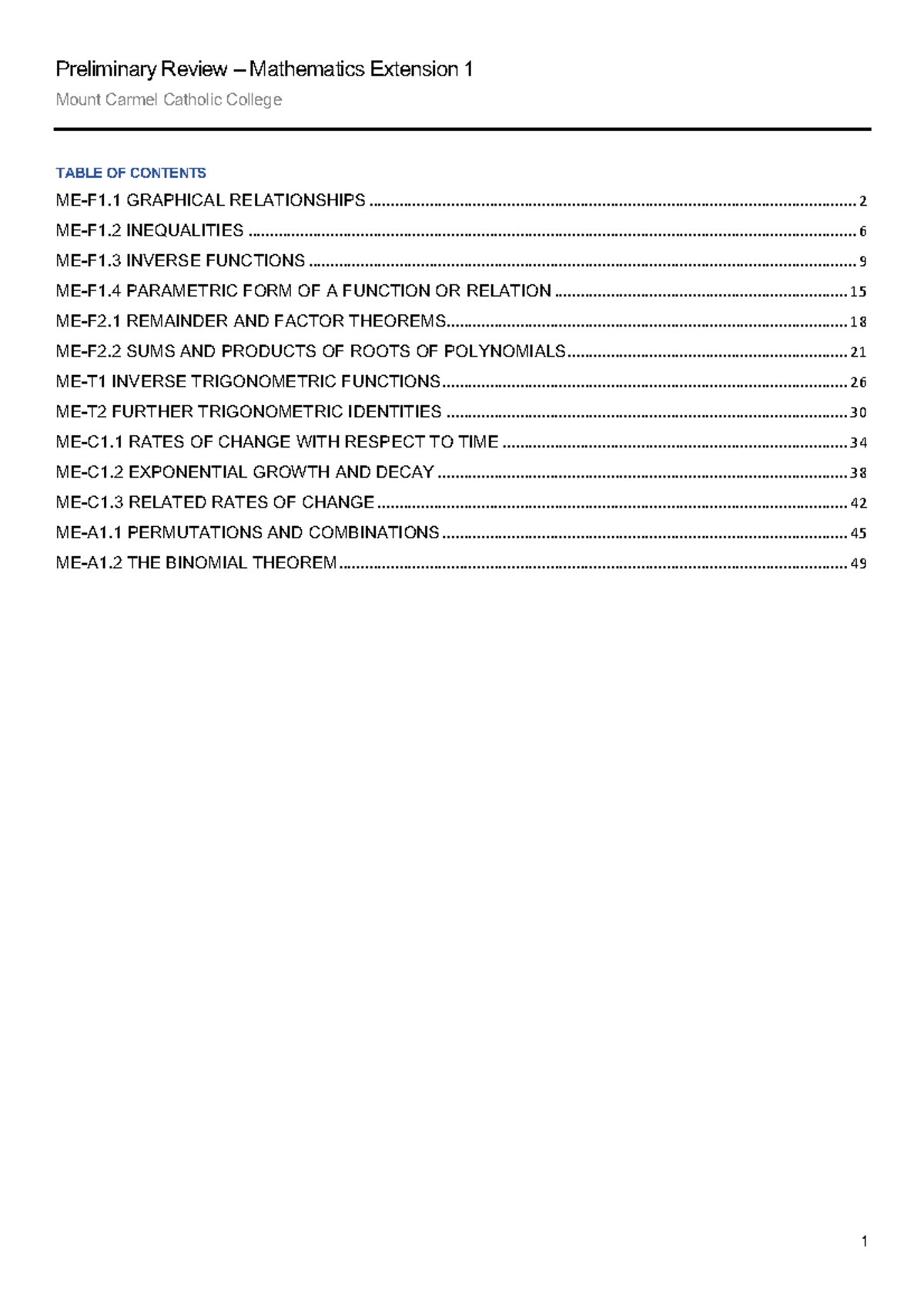 Preliminary Review - Extension 1 - Mount Carmel Catholic College ME-F1 ...