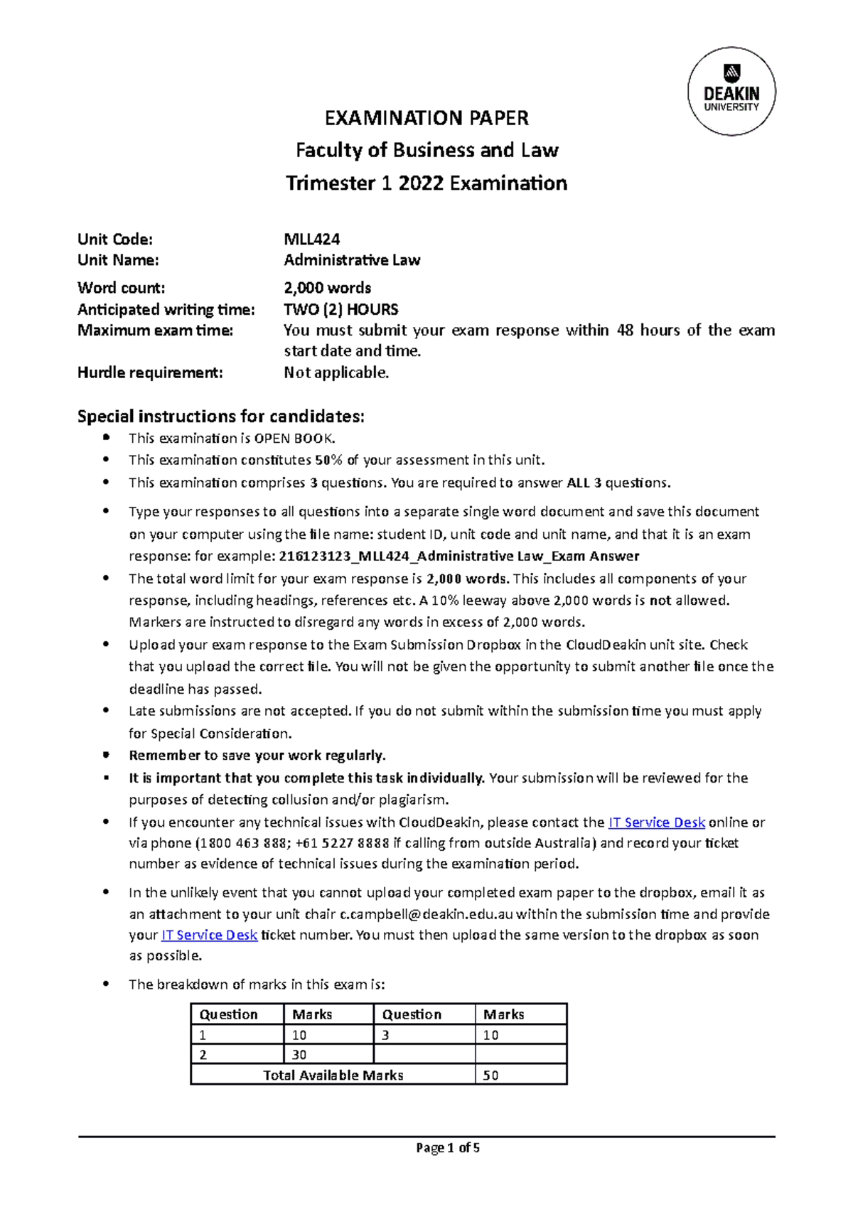 MLL424 T1 2022 Administrative Law Exam - EXAMINATION PAPER Faculty of ...