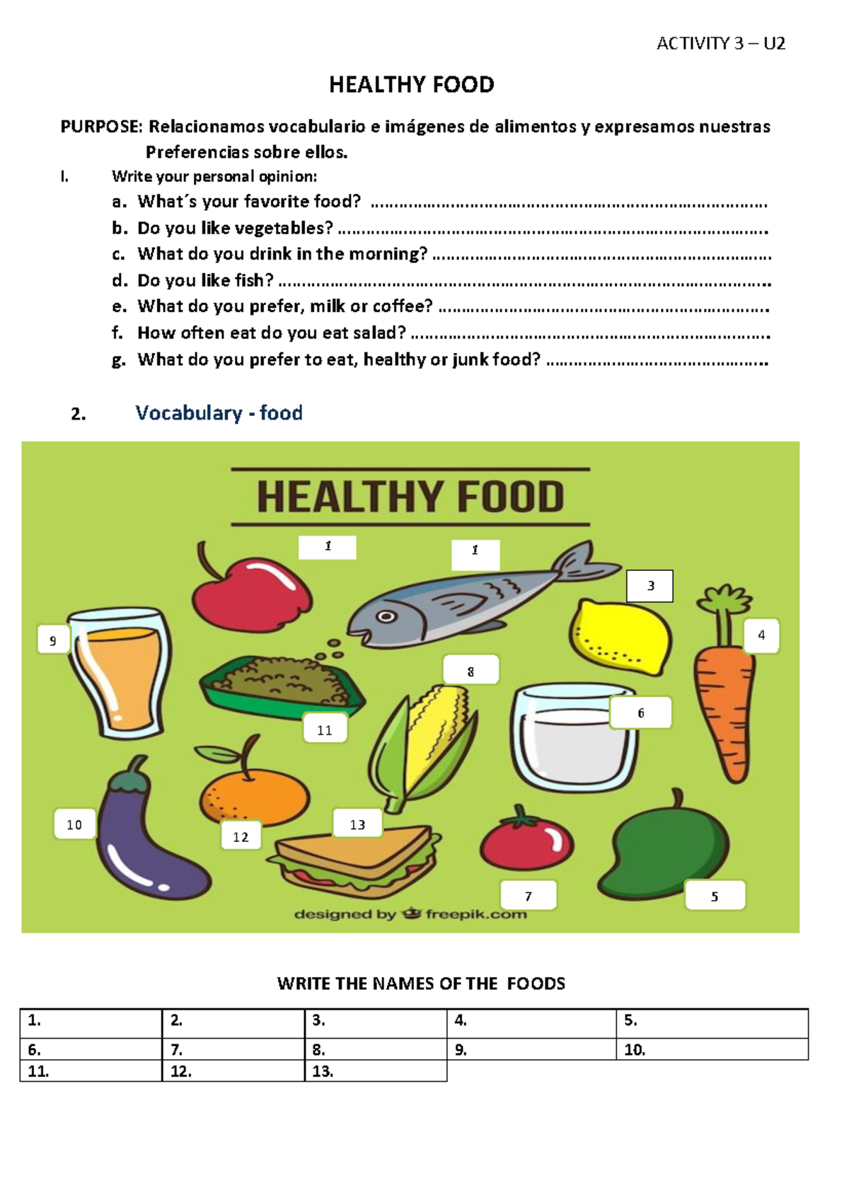 Activity 3-U2-2do - ACTIVITY 3 – U HEALTHY FOOD PURPOSE: Relacionamos ...