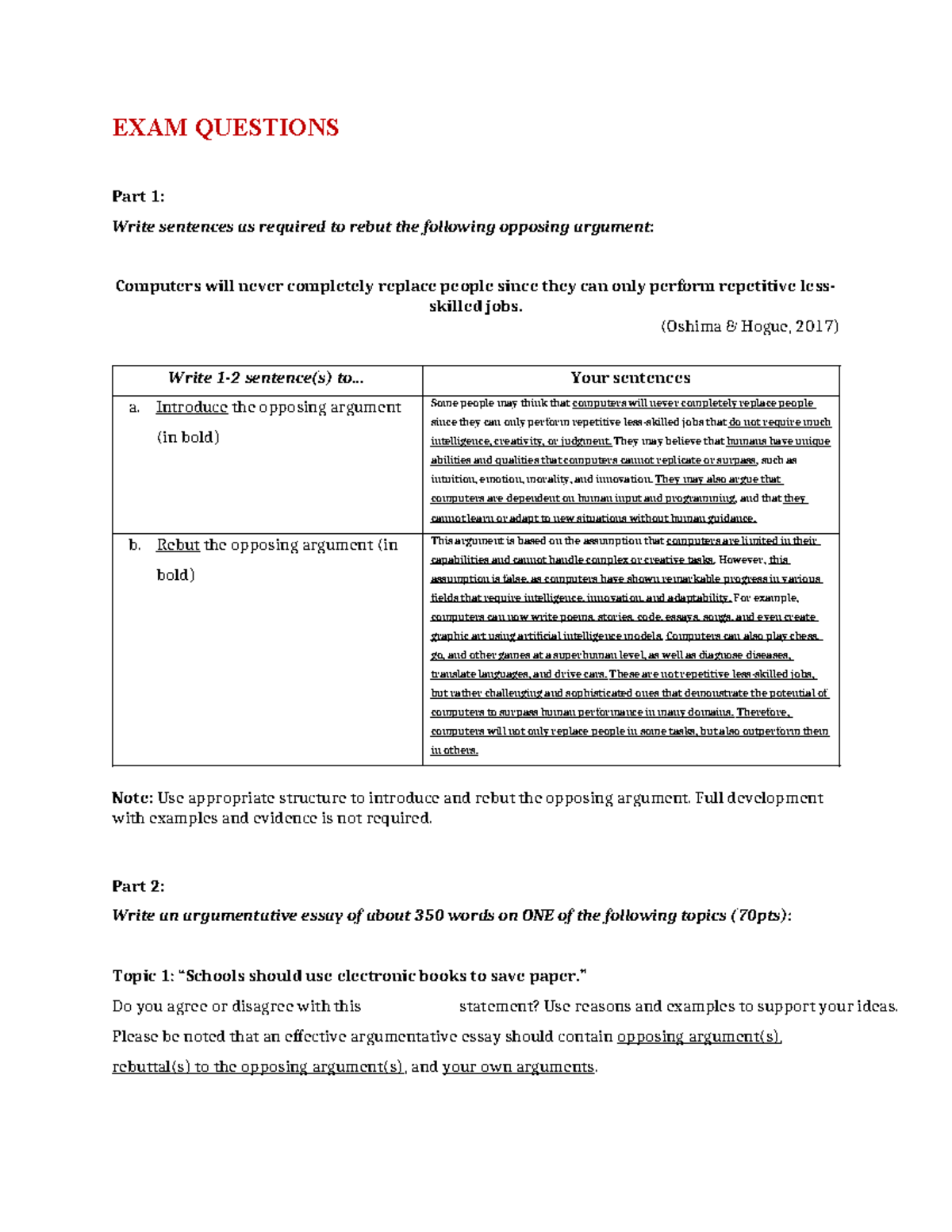 Final Sample Questions - EXAM QUESTIONS Part 1: Write sentences as ...