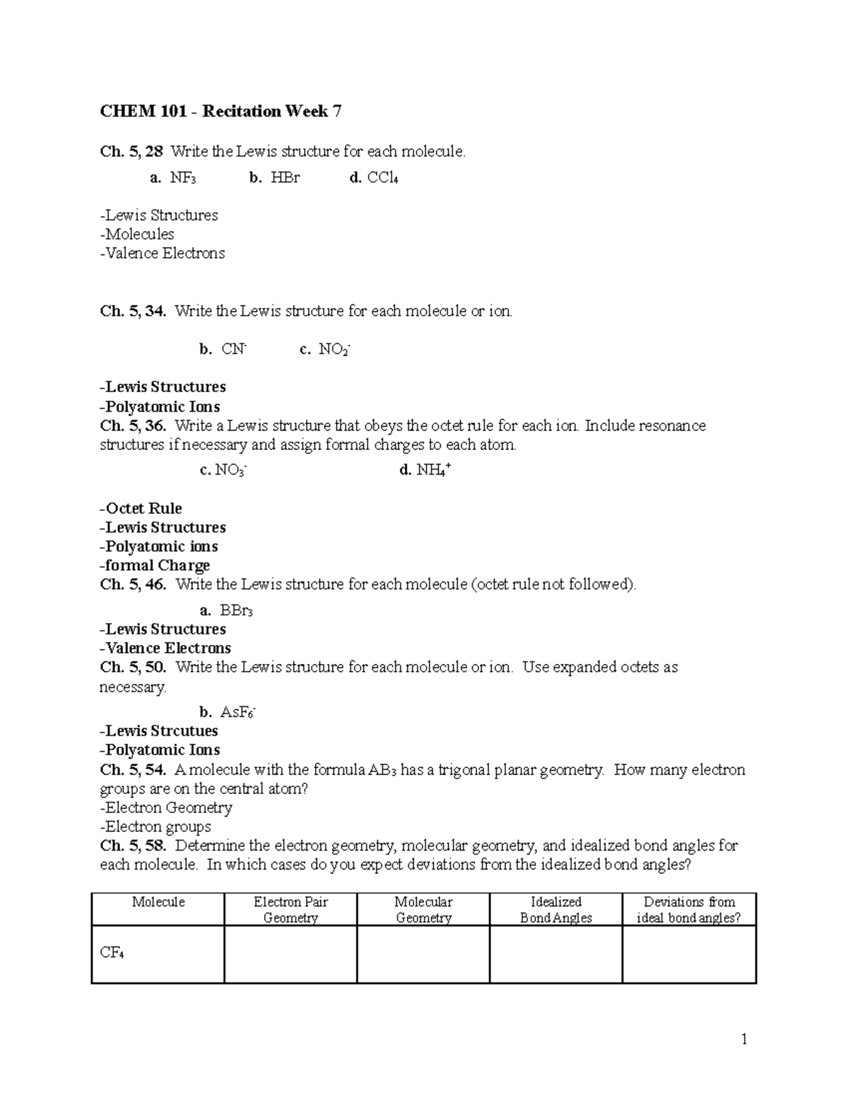 CHEM 101 Recitation Week 7 Finished - CHEM 101 - Recitation Week 7 Ch ...