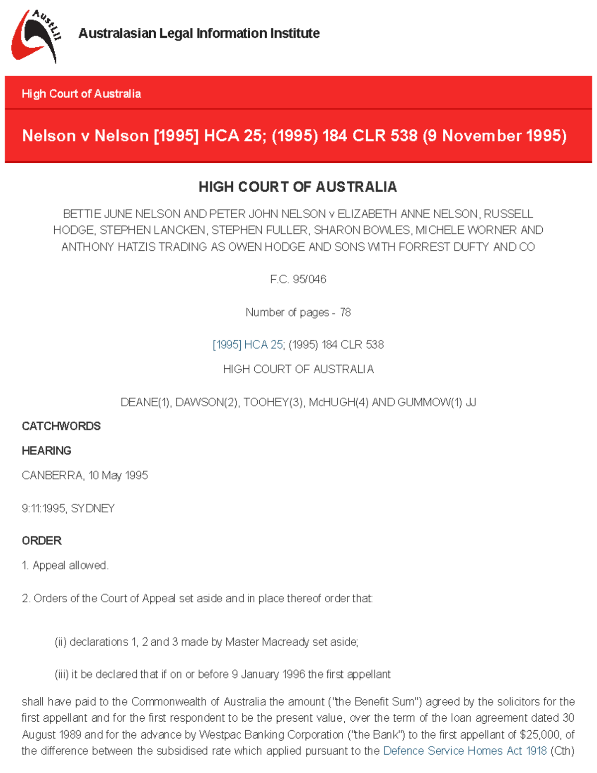 Nelson v Nelson [1995] HCA 25 (1995) 184 CLR 538 (9 November 1995 ...