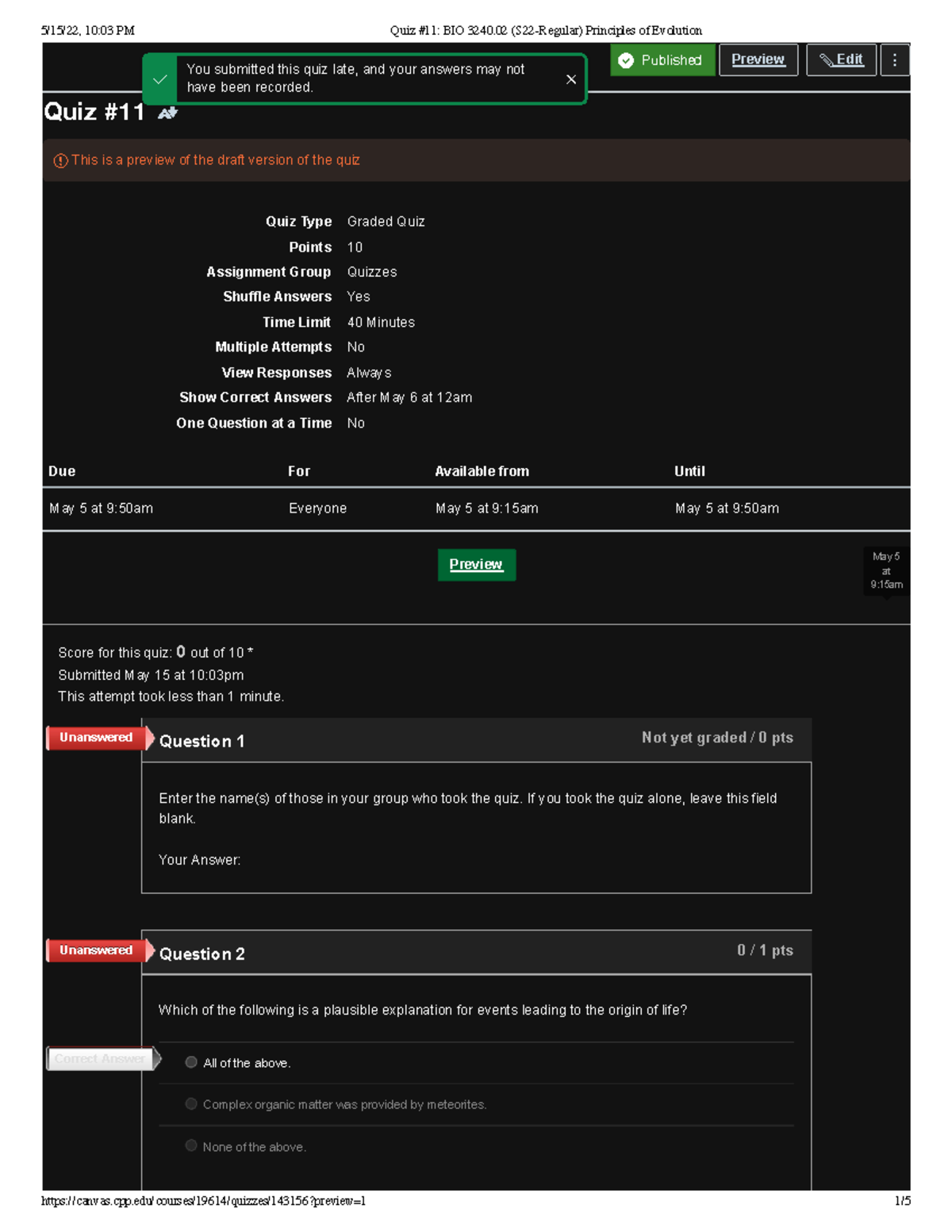 Quiz #11 BIO 3240.02 (S22-Regular) Principles of Evolution - Quiz Type ...