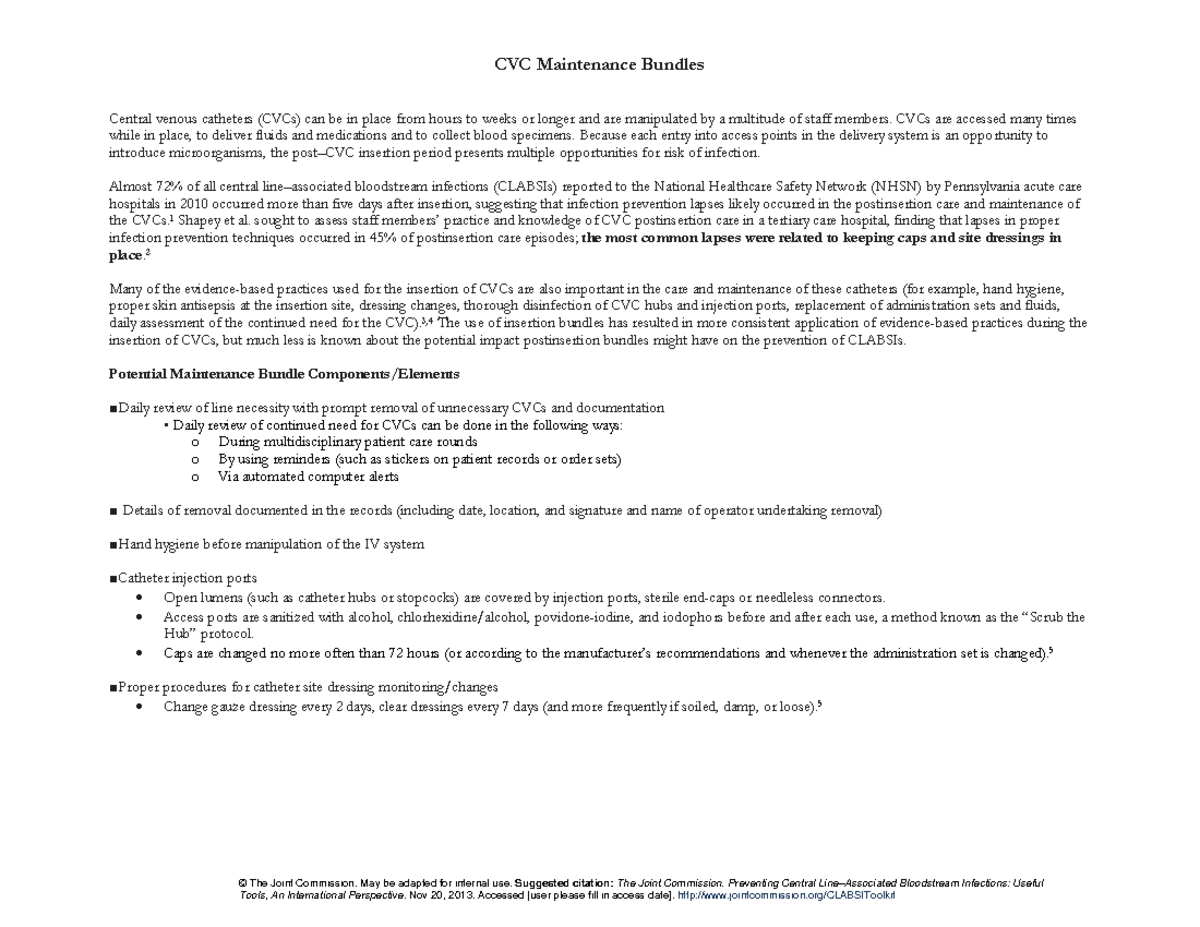 Clabsi Toolkit Tool 3-22 CVC Maintenance Bundles - © The Joint ...
