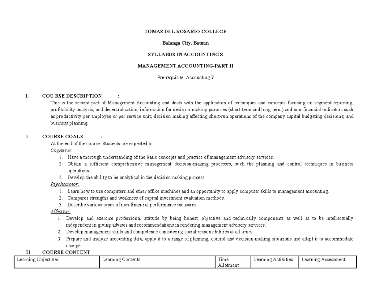 Acctg 8 Management Accounting-PART II - TOMAS DEL ROSARIO COLLEGE ...