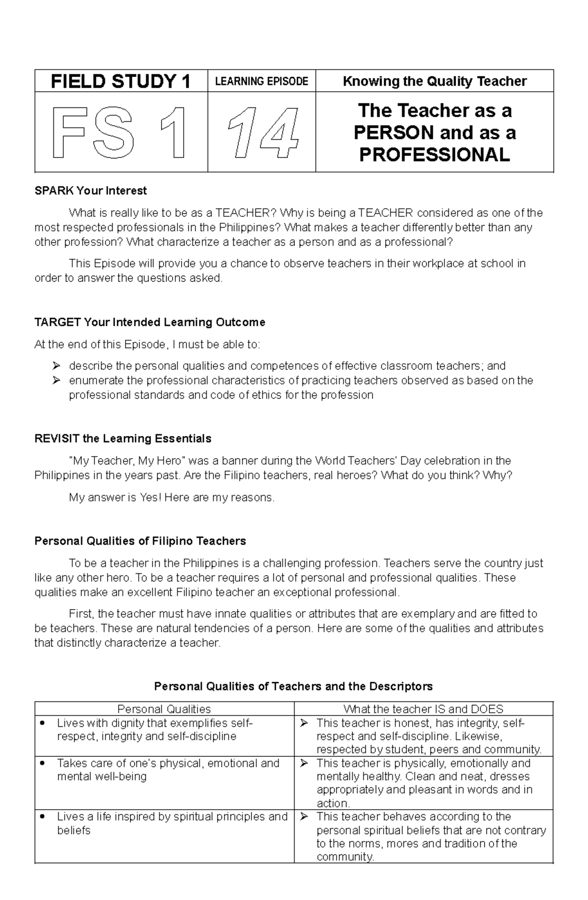 FS1 - Episode 14 - Ep 14 - FIELD STUDY 1 LEARNING EPISODE Knowing the ...