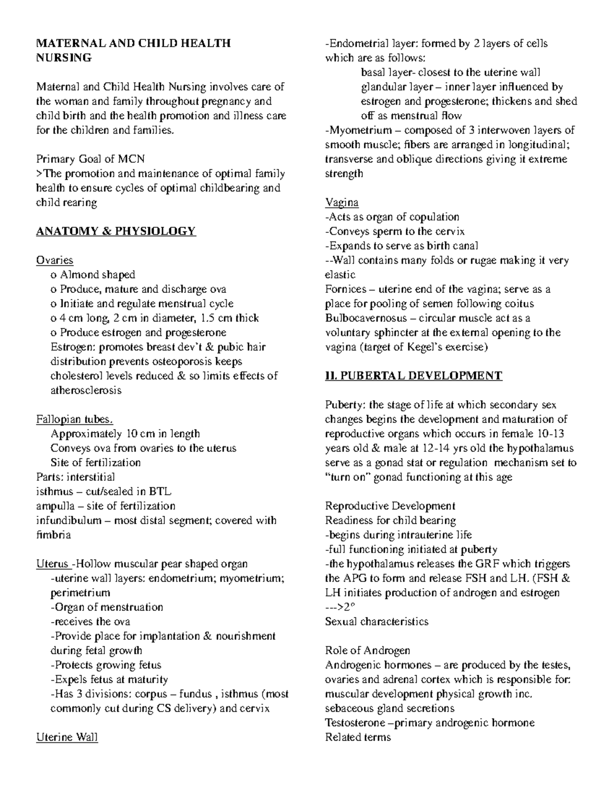 Maternal child notes - MATERNAL AND CHILD HEALTH NURSING Maternal and ...