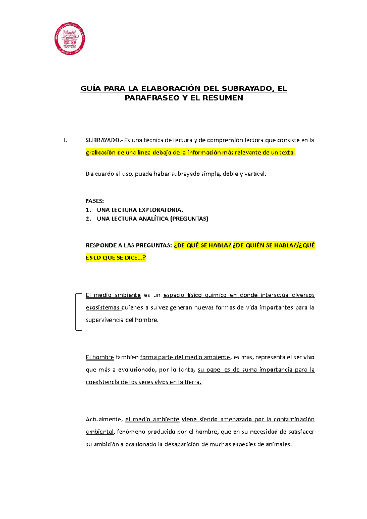 GUÍA Subrayado Parafraseado Resumen - GUÍA PARA LA ELABORACIÓN DEL ...