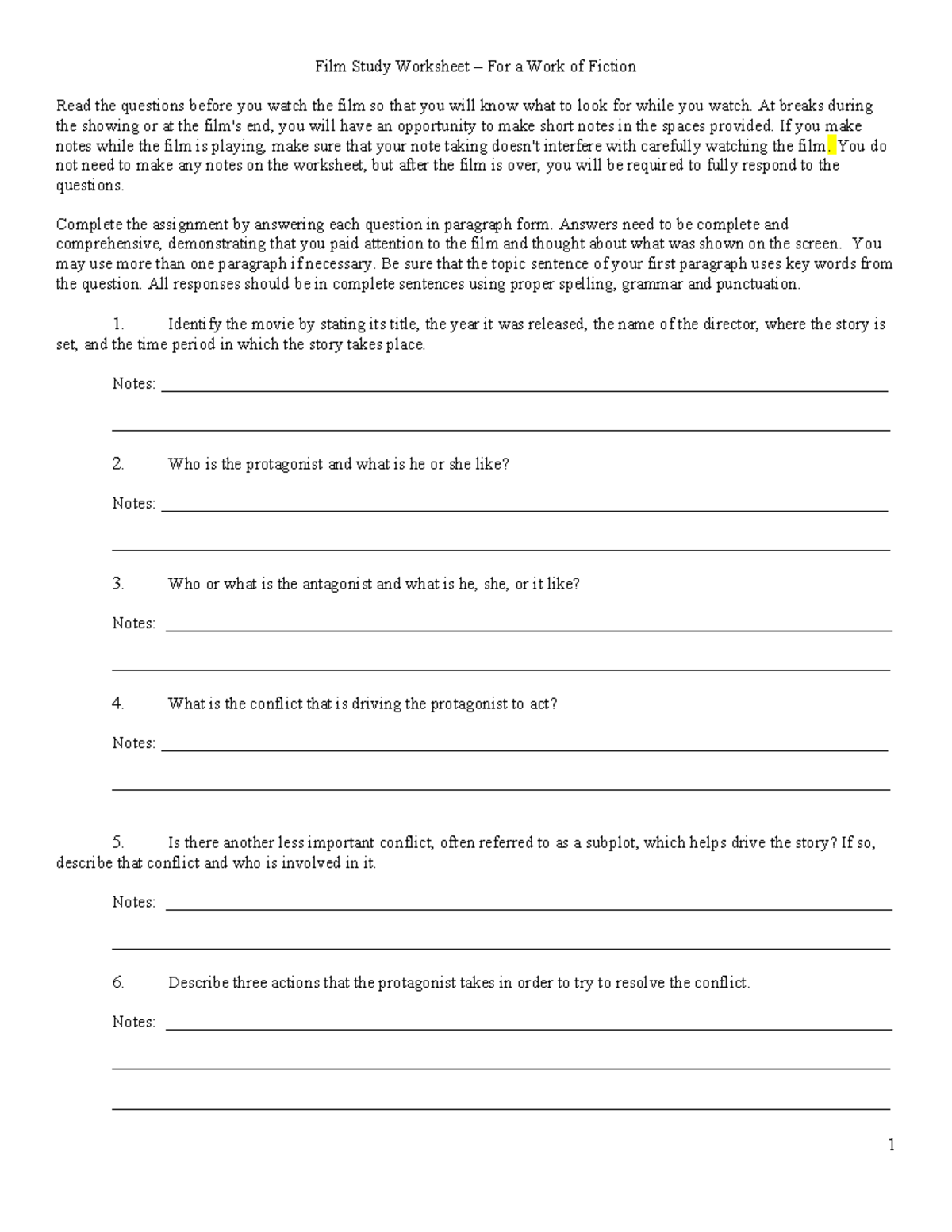 Film-study-worksheet - Film Study Worksheet – For a Work of Fiction ...