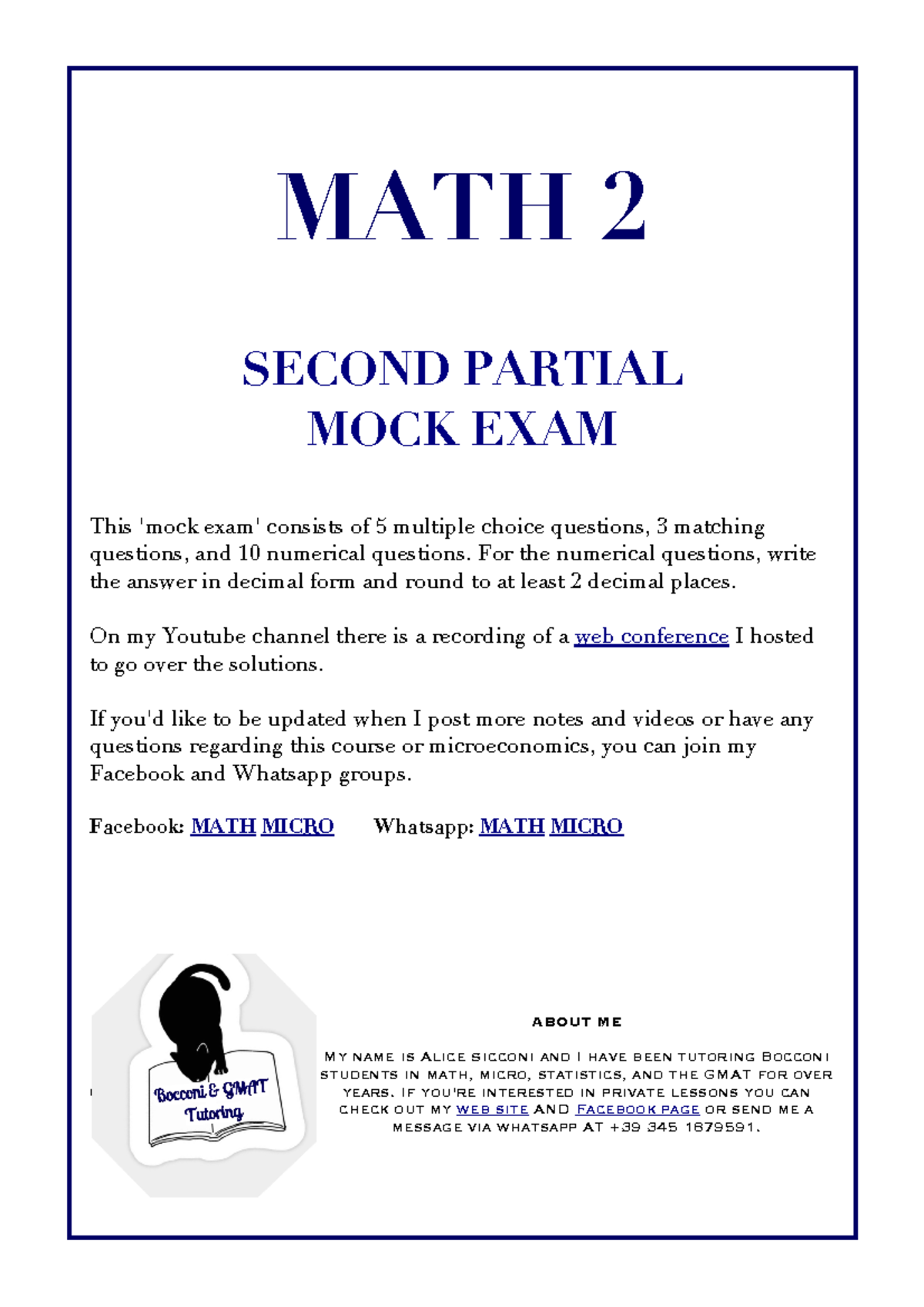 Second Partial Mock Exam - MATH 2 SECOND PARTIAL MOCK EXAM This 'mock ...
