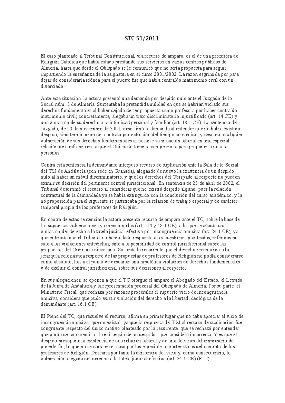 STC 51:2011 - sentencia - STC 51/ El caso planteado al Tribunal ...