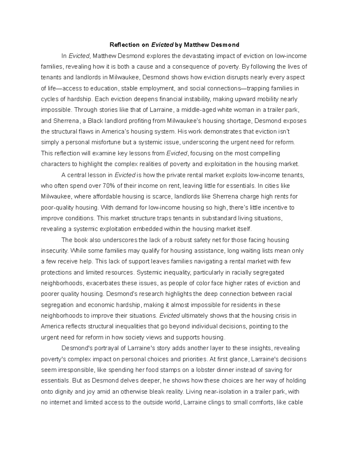 Reflection Paper 2 - Reflection on Evicted by Matthew Desmond In ...