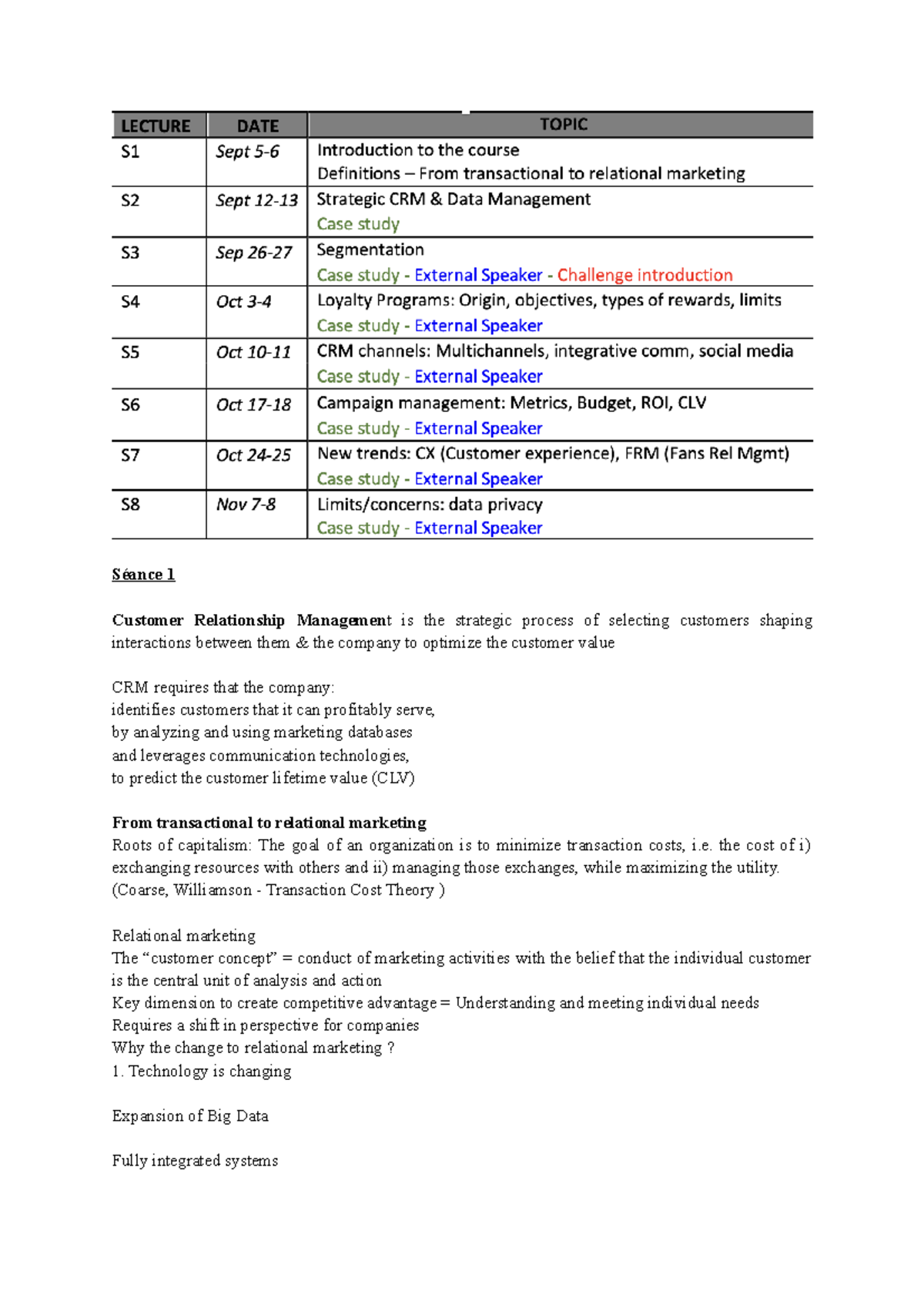 Crm notes - marketing - Séance 1 Customer Relationship Management is ...
