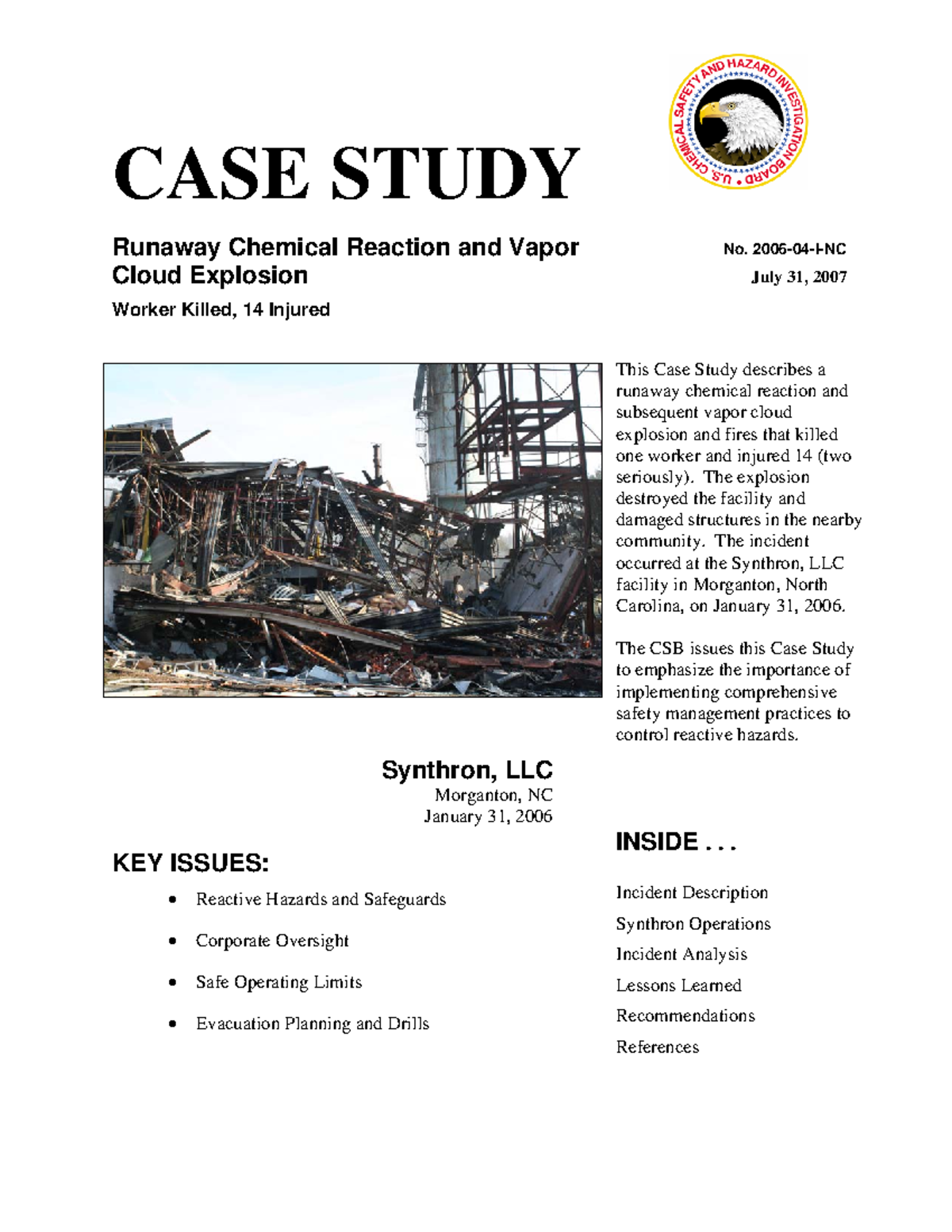 Synthron Final Report - trabajo - CASE STUDY Runaway Chemical Reaction ...