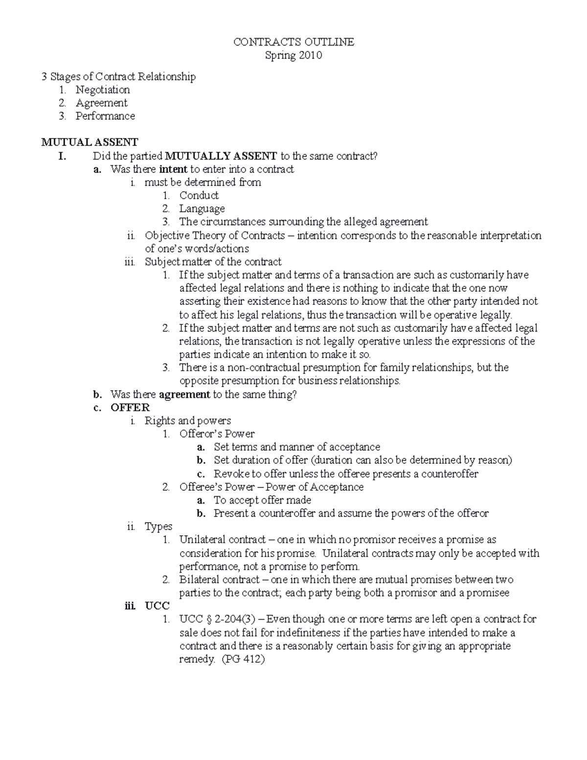 Contracts Sp10 Outline - Spring 2010 3 Stages of Contract Relationship ...