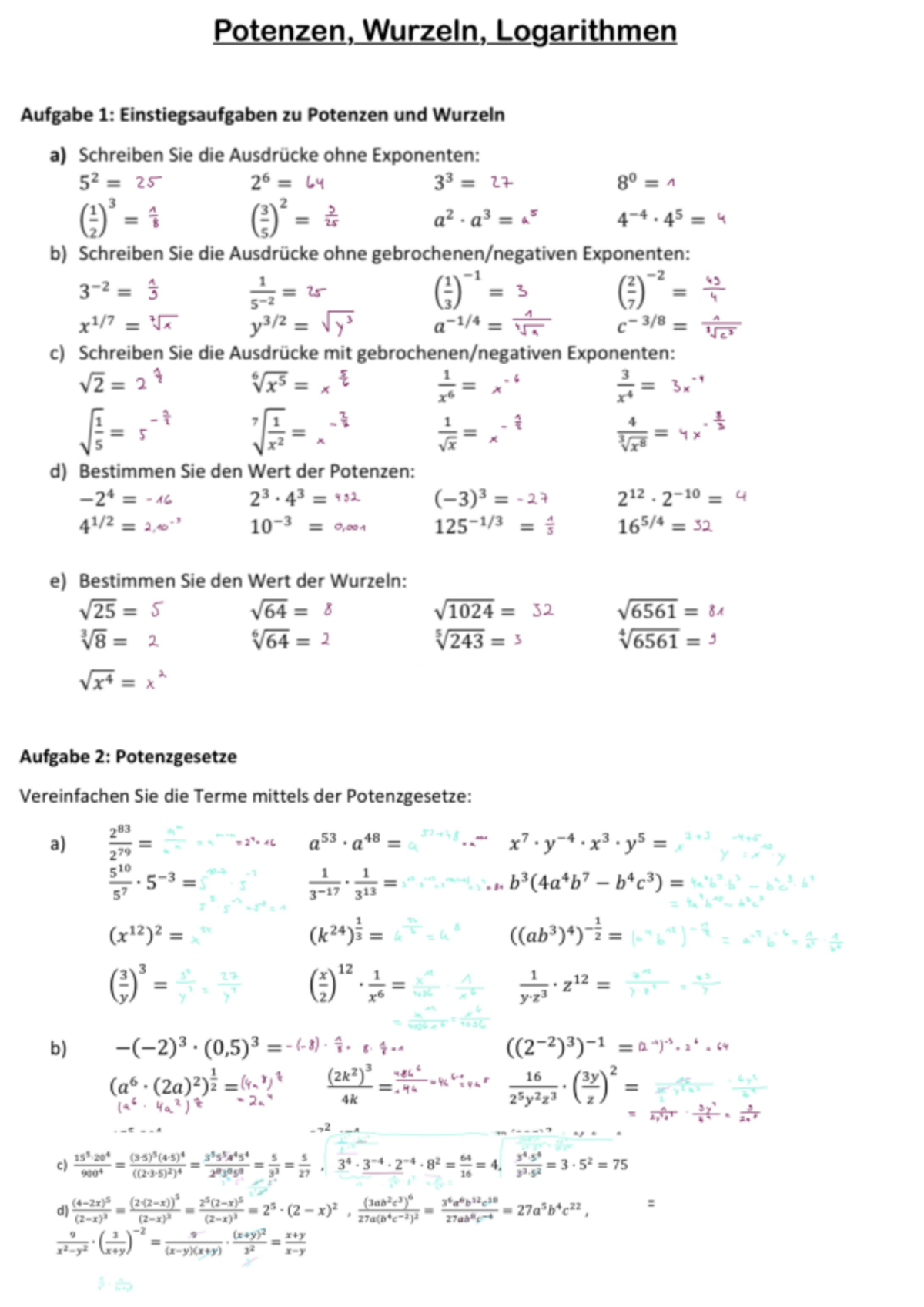 Lösungen Übung 1 - Grundlagen Potenzen, Wurzeln, Logarithmen ...