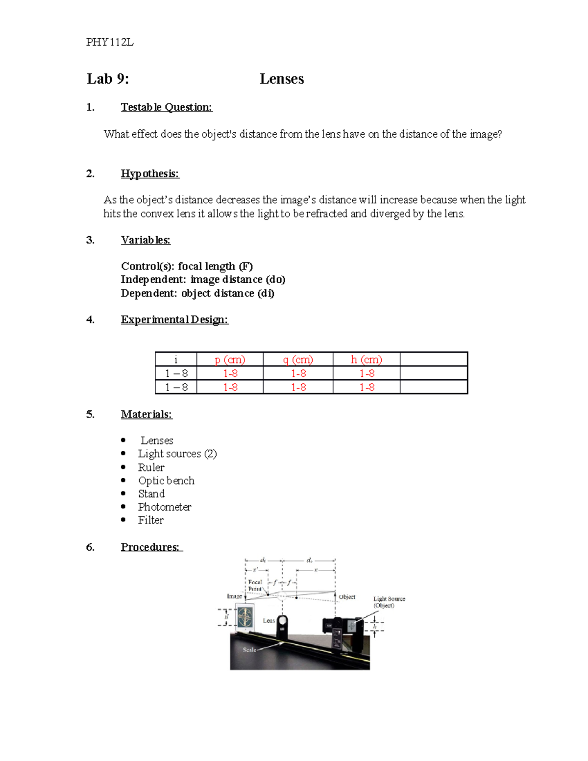 lecture notes phy112l - PHY112L Lab 9: Lenses 1. Testable Question ...
