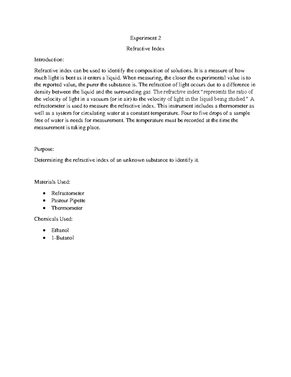 Experiment #2 Refractive Index - Experiment 2 Refractive Index ...