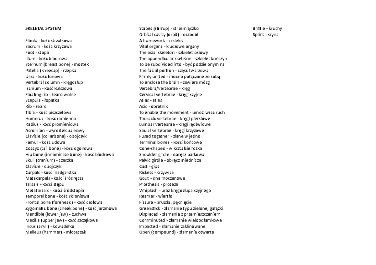 Angielski słowka cz.2 - SKELETAL SYSTEM Fibula - kość strzałkowa Sacrum ...