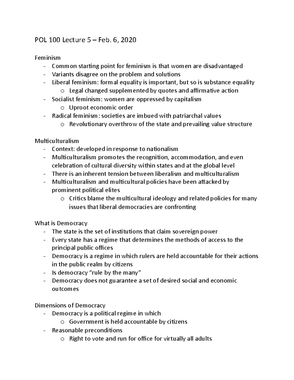 POL 100 Lecture 5 - POL 100 Lecture 5 – Feb. 6, 2020 Feminism - Common ...