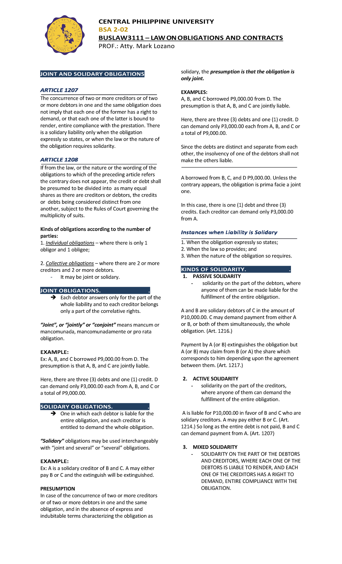 Complete Midterms Oblicon Reviewer - BSA 2- 02 BUSLAW3111 – LAW ON ...