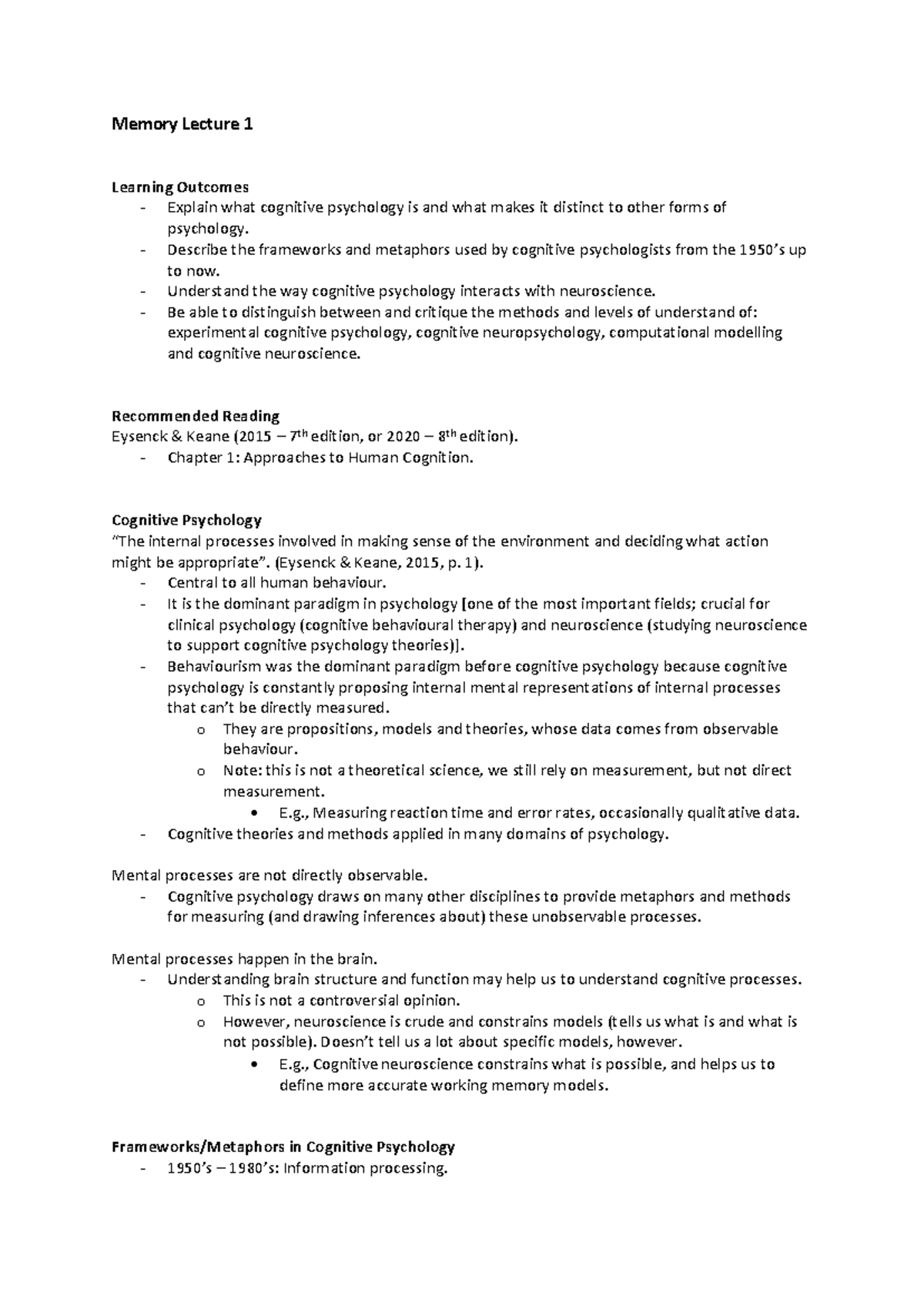 Psyc2016 2022 Memory Lecture 1 Memory Lecture 1 Learning Outcomes Explain What Cognitive