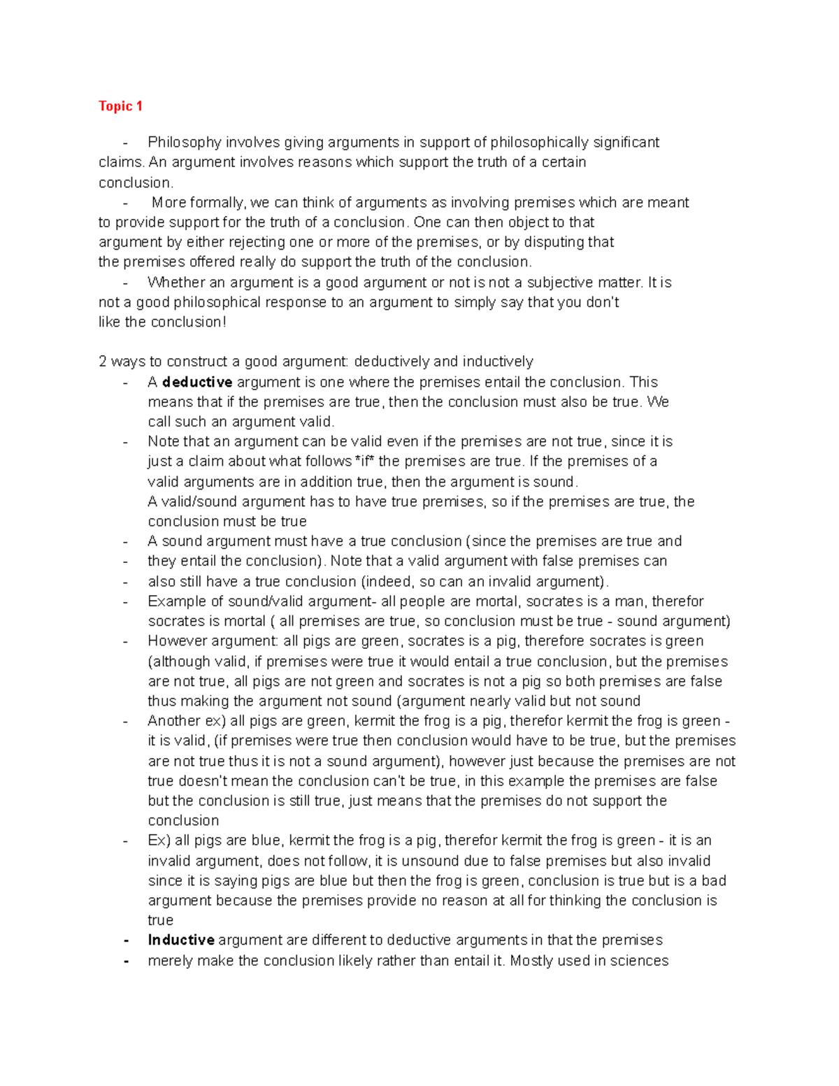 Philosophy - Topics 1-4 lecture notes - Topic 1 Philosophy involves ...