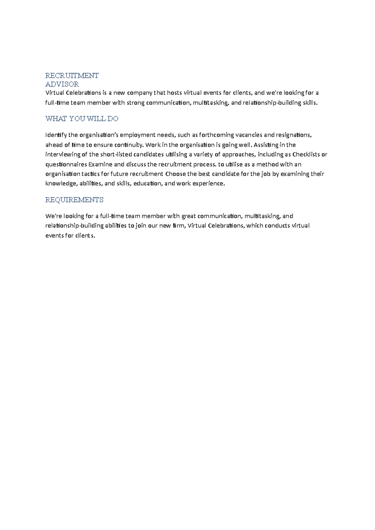 Text based ad - RECRUITMENT ADVISOR Virtual Celebrations is a new ...