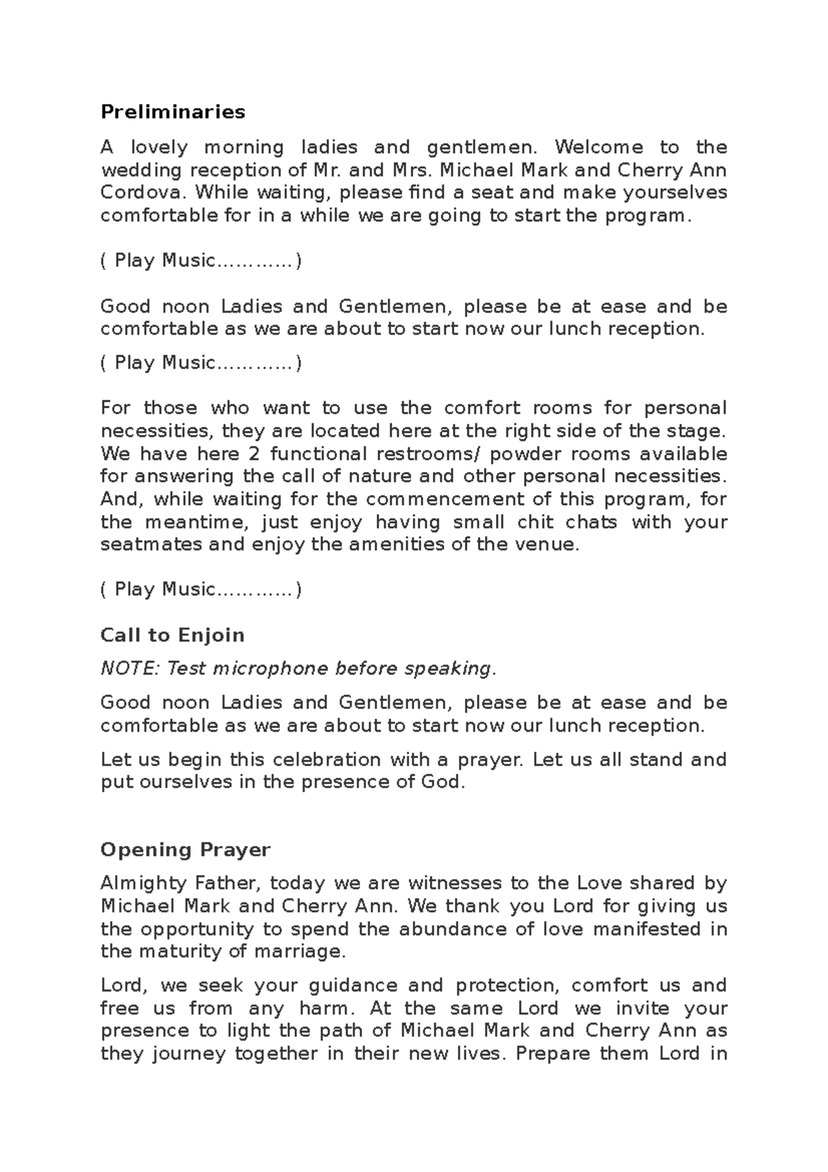 Sample Church Wedding Script - Preliminaries A lovely morning ladies ...