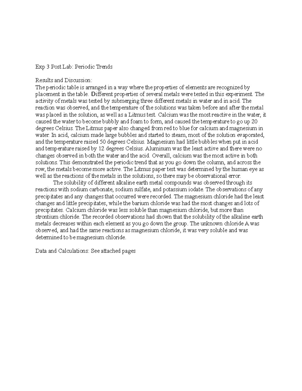 Experiment 3 post lab report - Exp 3 Post Lab: Periodic Trends Results ...