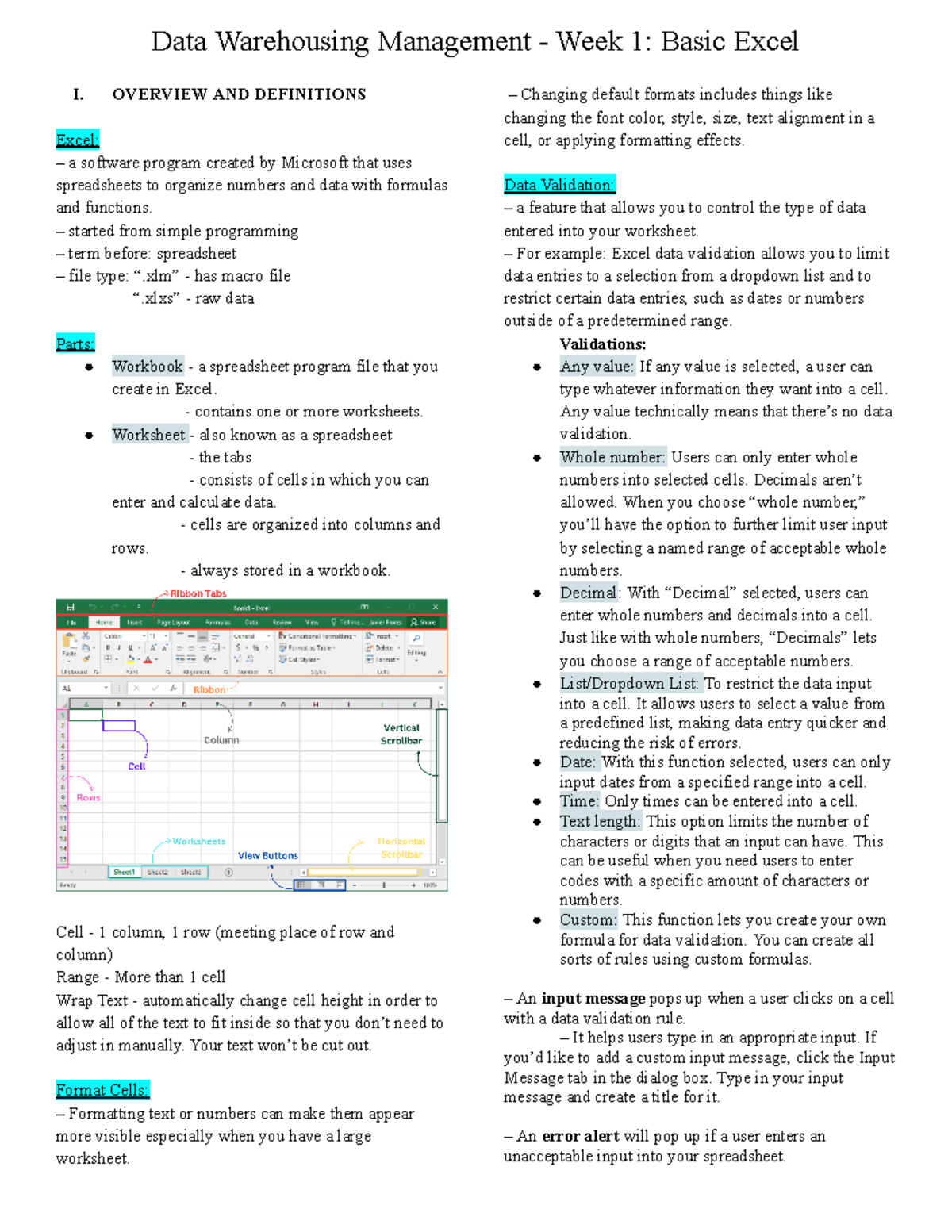 Basic Excel 123 - I. OVERVIEW AND DEFINITIONS Excel: a software program ...