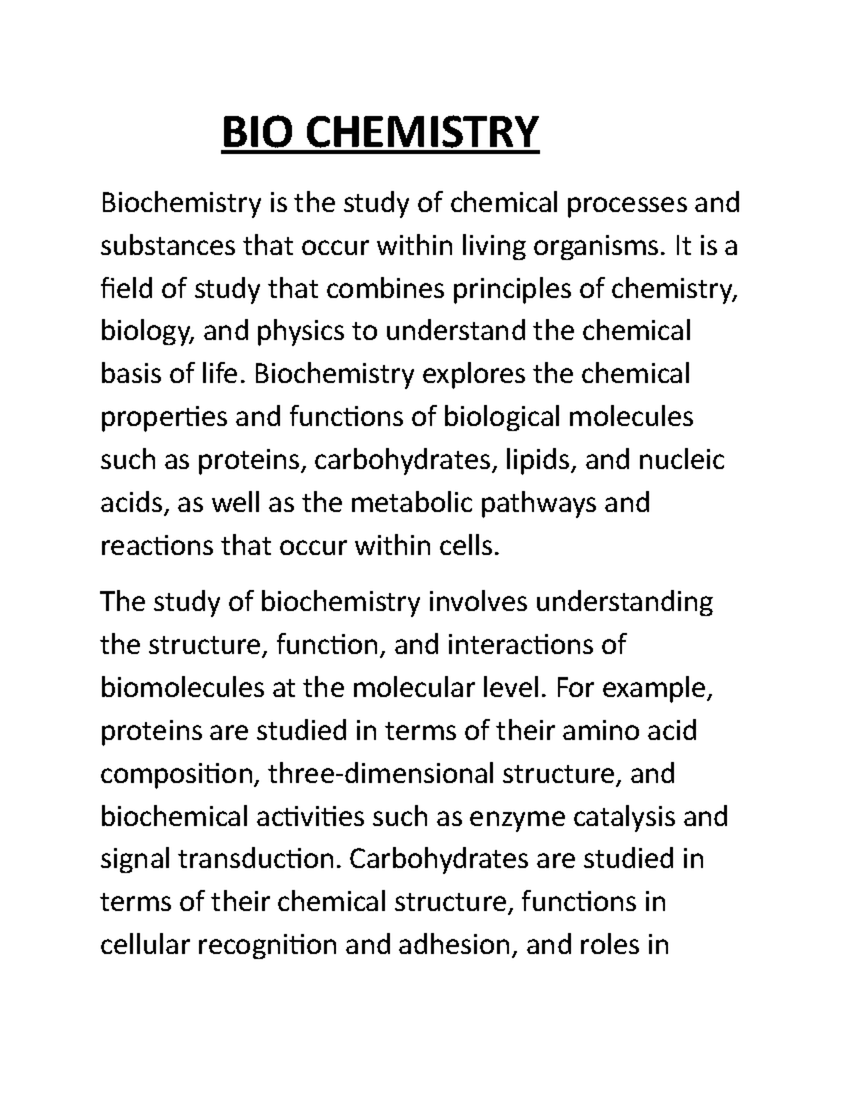 BIO Chemistry - BIO CHEMISTRY Biochemistry is the study of chemical ...