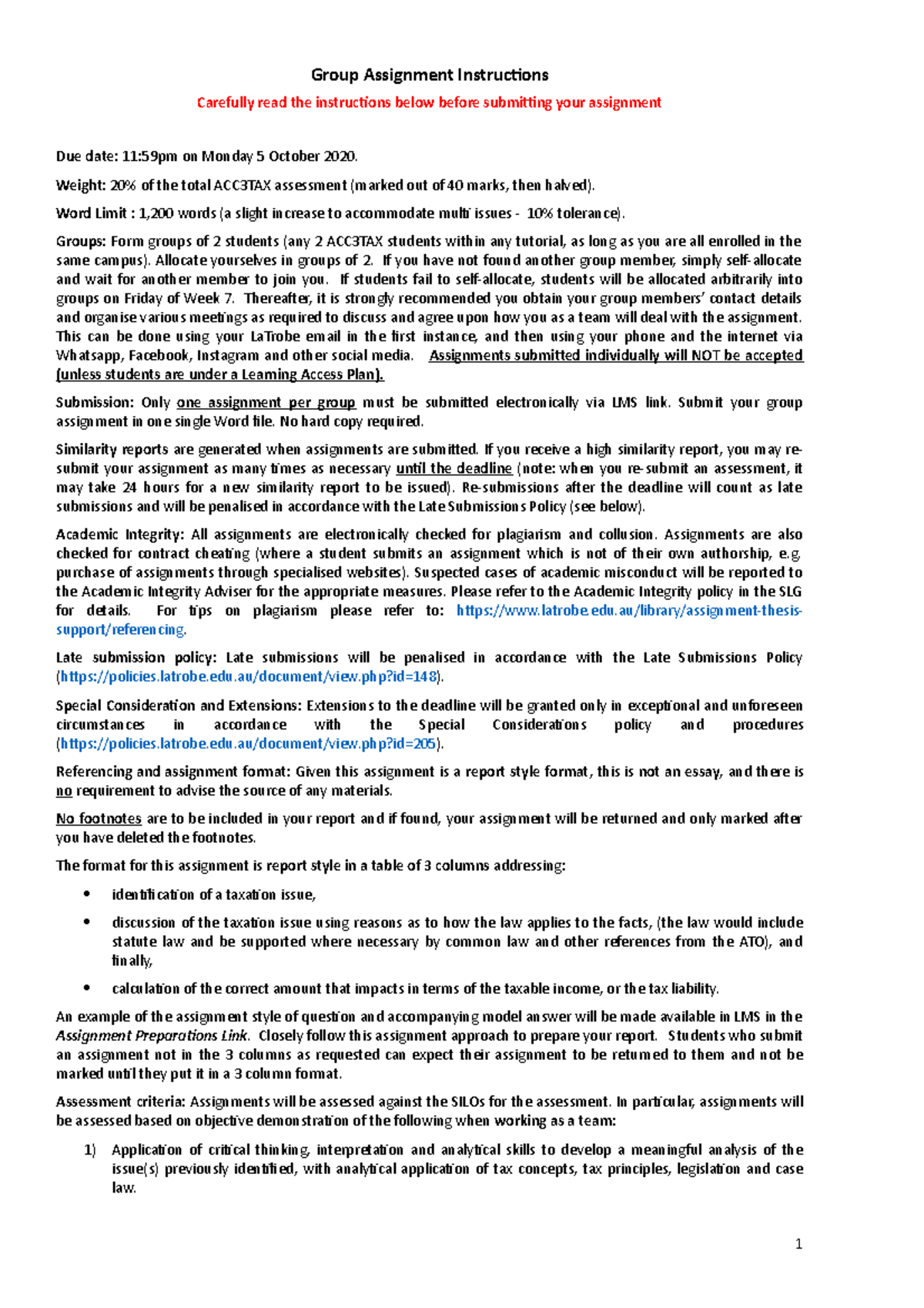 Instructions Assignment S2 2020 ACC3TAX - Group Assignment Instructions ...