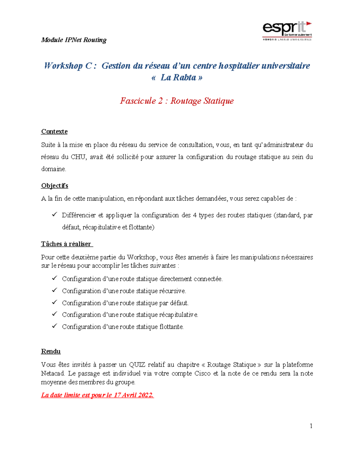 Workshop C Fascicule 2 Routage Statique - Module IPNet Routing Workshop ...