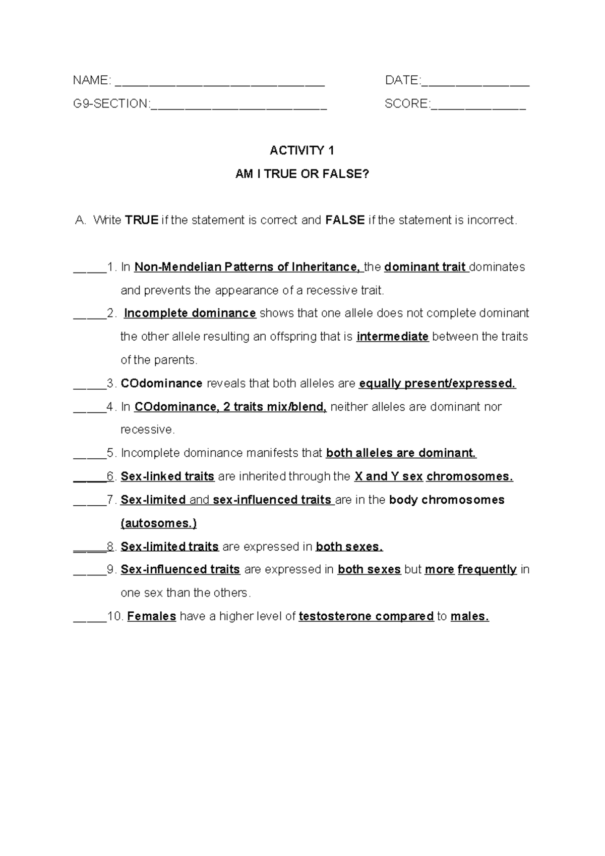 Activity heredity inheritance and variation - NAME ...