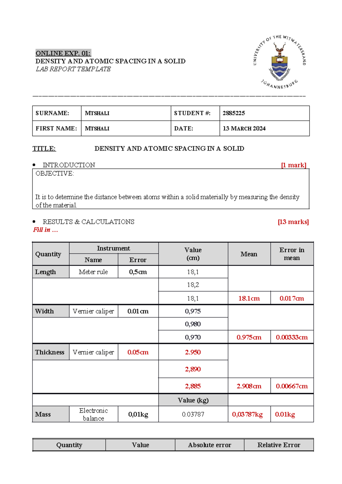 Density and atomic spacing - ONLINE EXP. 01: DENSITY AND ATOMIC SPACING ...