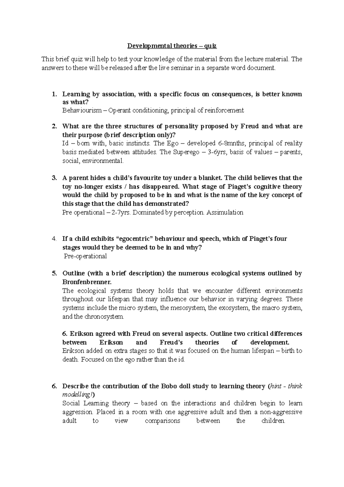 Developmental theories - Quiz - Developmental theories – quiz This ...