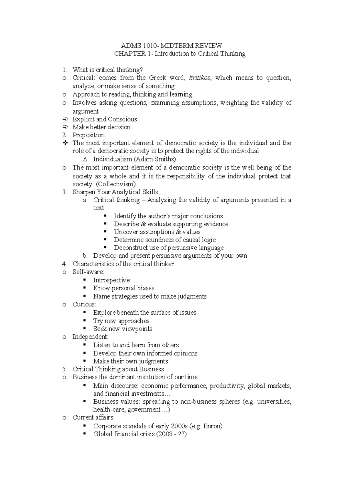 Adms 1010- Midterm Review Chapter 1- Introduction To Critical Thinking ... Adms 1010- Midterm Review Chapter 1- Introduction To Critical Thinking ...