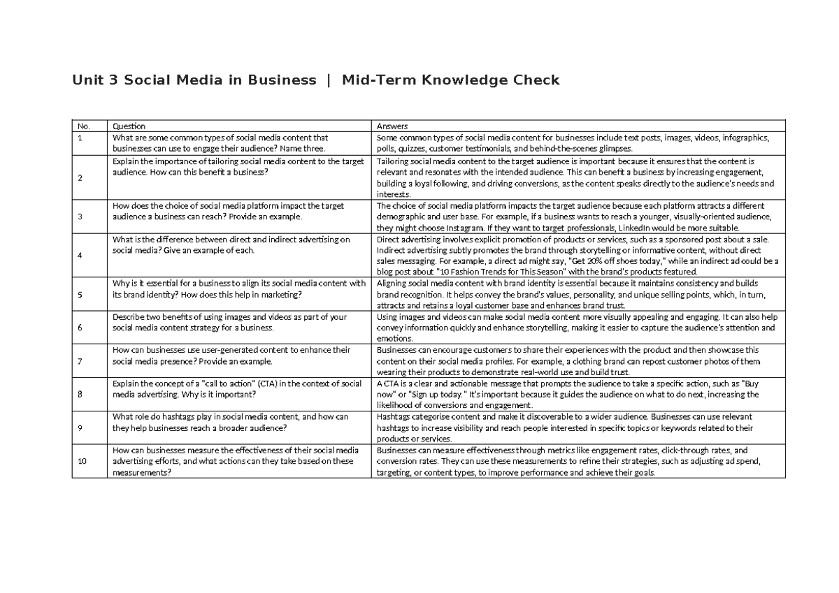 U3 Mid Term Knowledge Check - Unit 3 Social Media in Business | Mid ...
